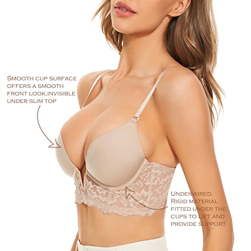 Women's Plunge Deep V Low Cut Lace Push Up Bra Underwire Convertible Low Back Bra Khaki