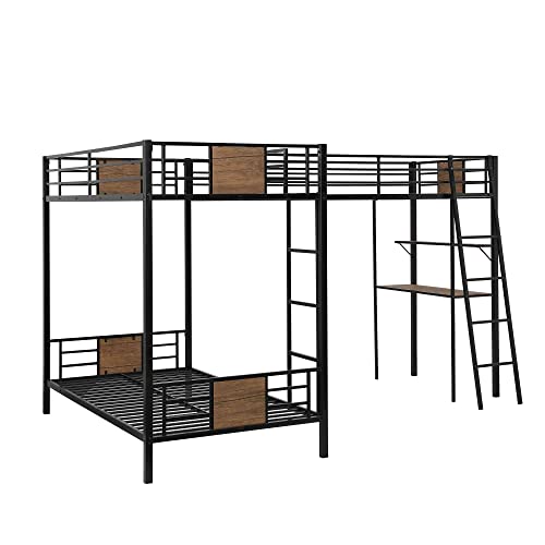 Cotoala Metal Triple Bunk Bed with Desk and Shelf, L-Shaped Bunkbed Attached Twin Size Loft Bedframe, for 3 Kids/Teens/Adults, Brown