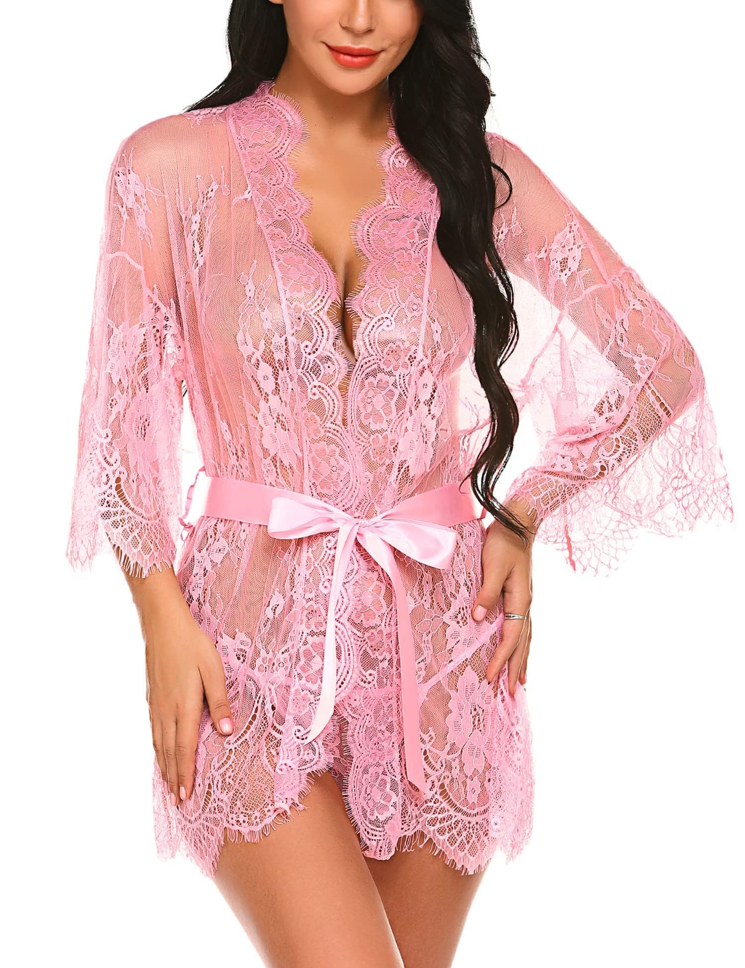Avidlove Lingerie Robes for Women Sheer Kimono Robe Exotic Nightgowns V Neck Sleepwear Pink M