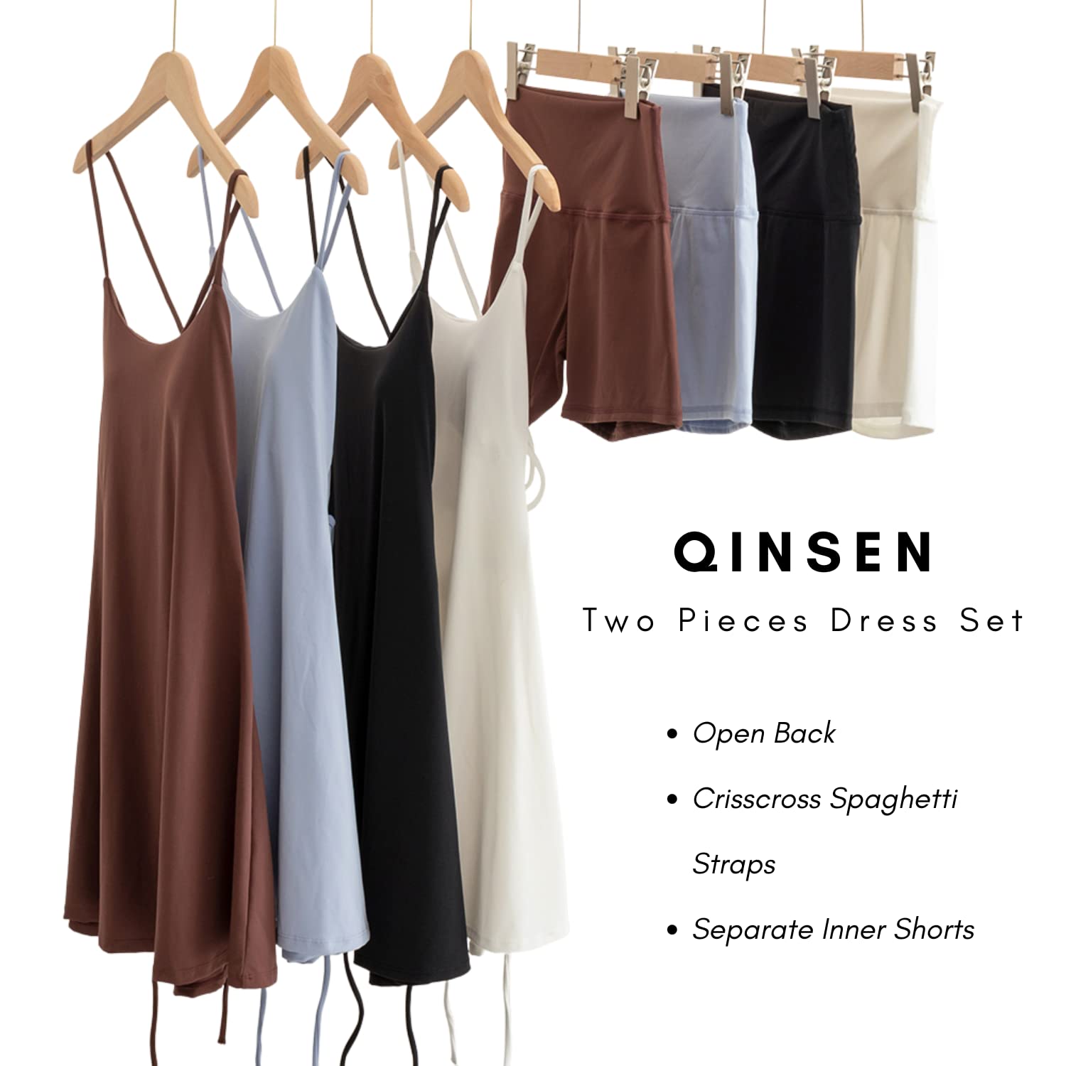 QINSEN Womens Two Pieces Tennis Dress with Shorts Workout Open Back Active Golf Dresses Black XS