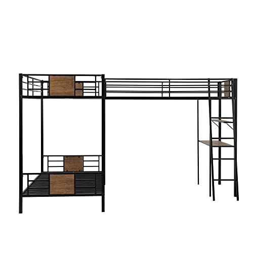 Cotoala Metal Triple Bunk Bed with Desk and Shelf, L-Shaped Bunkbed Attached Twin Size Loft Bedframe, for 3 Kids/Teens/Adults, Brown