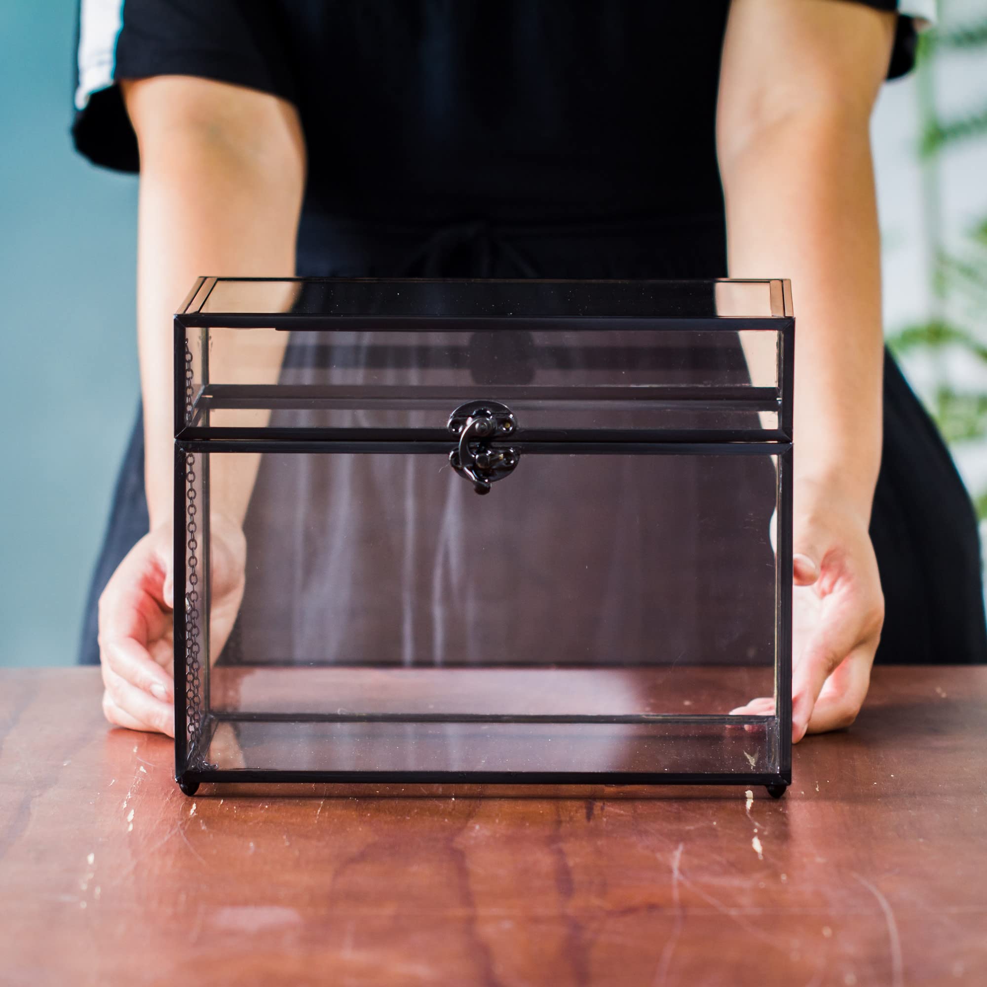 NCYP 9.8 x 5.6 x 7.7 Inch Glass Card Box with Lid for Wedding Reception, Envelope, Keepsake - Vintage Terrarium Container, Clear Party Centerpiece, Black (Glass Box Only)