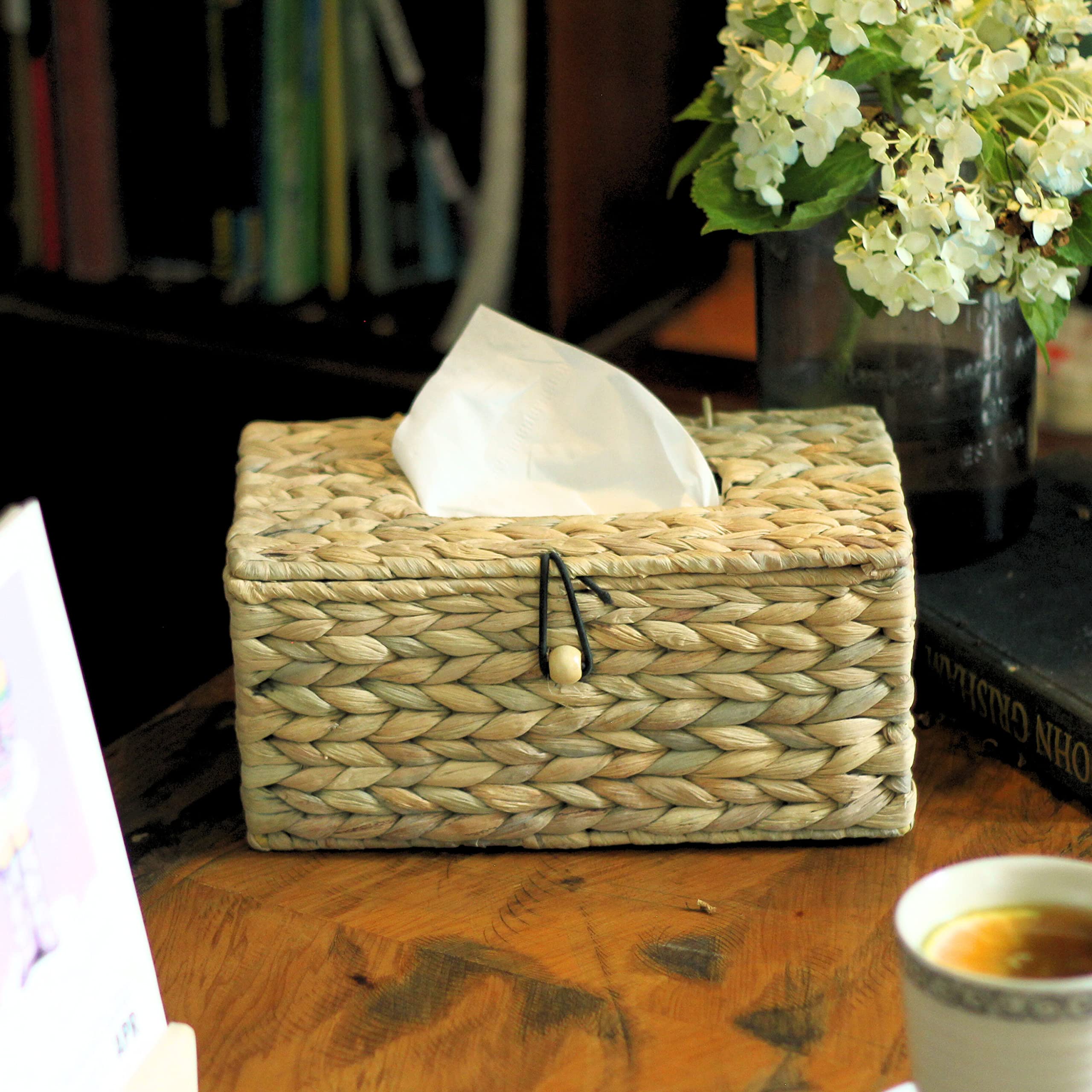 KOLWOVEN Tissue Box Cover - Rattan Wicker Rectangle, Boho Decorative Woven Facial Tissue Holder for Table & Bathroom, Fits 184-Count Box