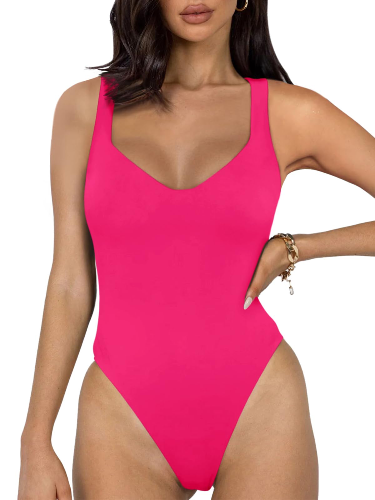 REORIA Women's Summer Sexy Casual V Neck Racer Back Double Lined Seamless Sleeveless Slimming One Piece Leotards Going Out Trendy Tank Top Thong Bodysuits Neon Rose Red Medium