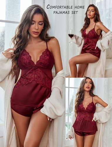 Avidlove Women's Silk Pajamas Set Satin Lingerie 2 Piece Pjs Cami Top and Shorts Sleepwear Dark Red