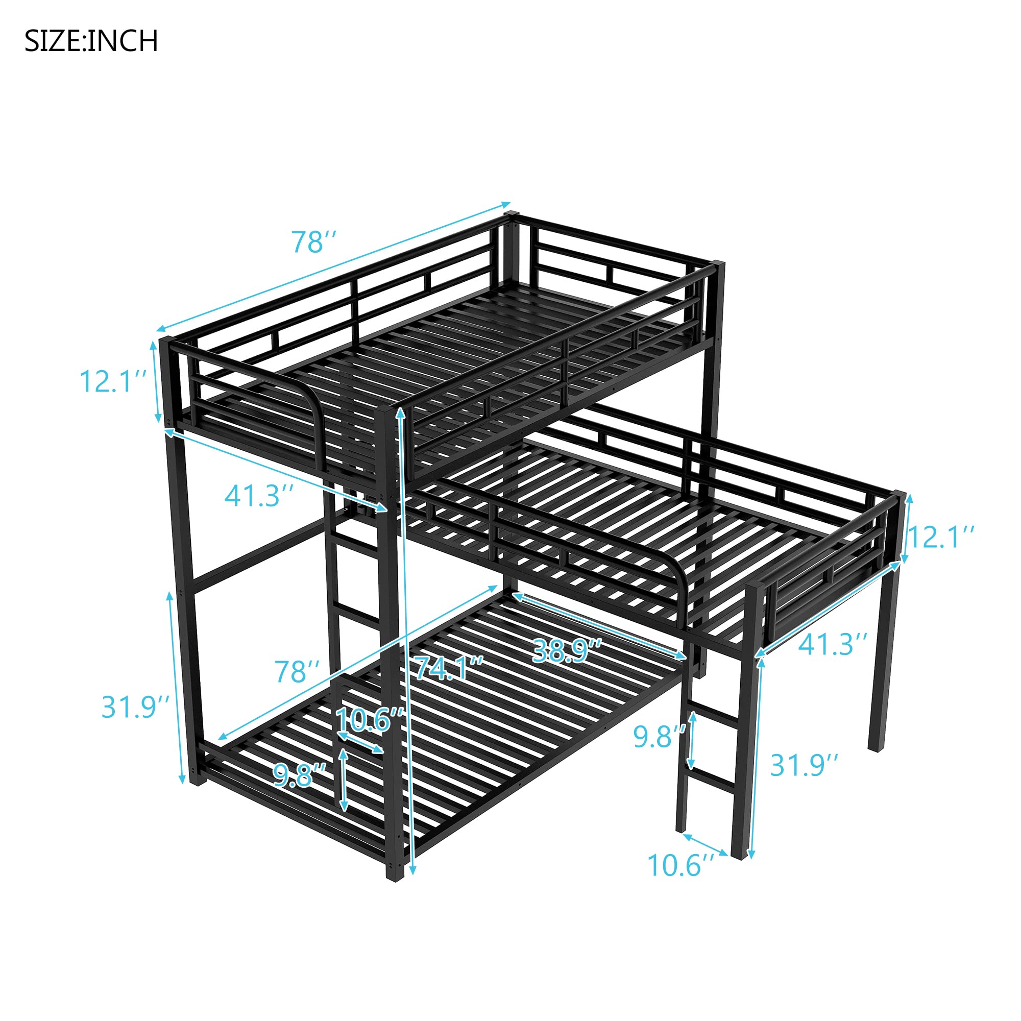 VOGU Metal Twin Over Bunk Bed, L-Shaped Triple Bunk Bed Attached Twin Loft Bed, Triple Bunk Bed Frame with LadderFull-Length Guardrails, Maximum Load 400 lbs for Kids Teens Adults, Black(Triple Bed)