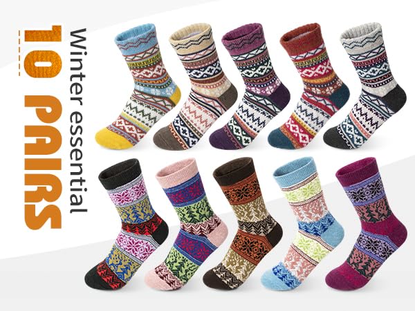 HiTauing 10 Pack Women Socks Winter Wool Sock Gifts for Women Soft Warm Thick Cozy Crew Socks Christmas Gifts Socks One Size
