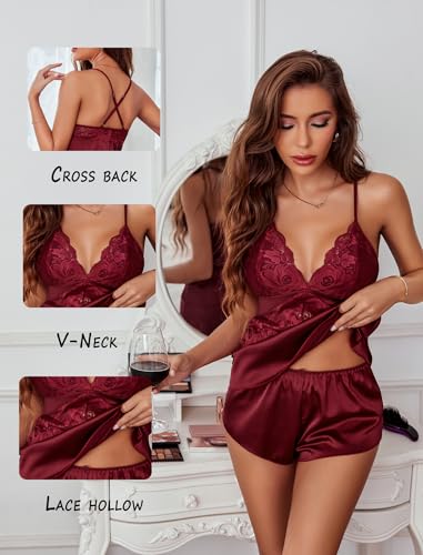 Avidlove Women's Silk Pajamas Set Satin Lingerie 2 Piece Pjs Cami Top and Shorts Sleepwear Dark Red