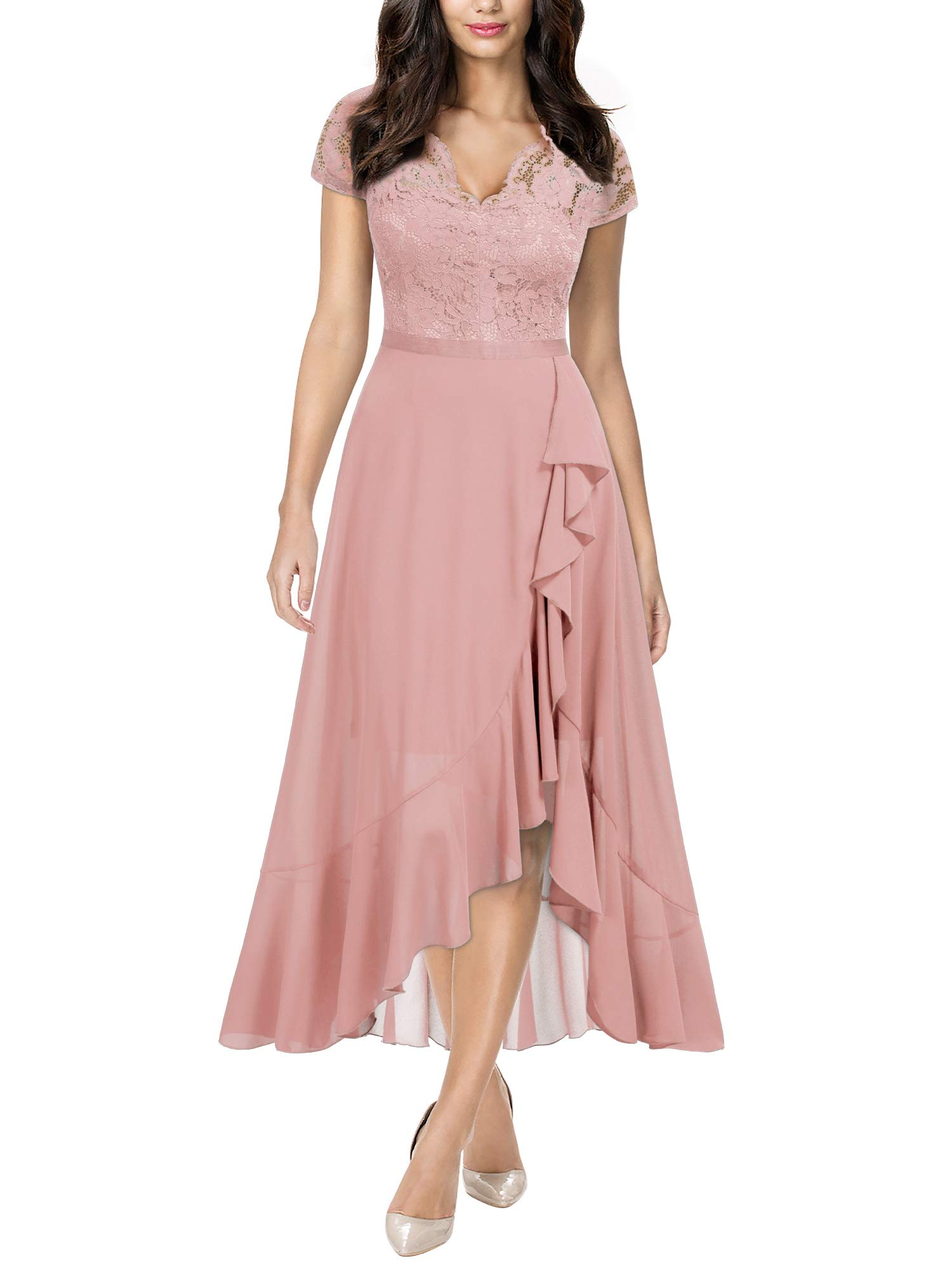 Miusol Women's V Neck Elegant Lace Ruffle Bridesmaid Maxi Dress (Large, Pink)