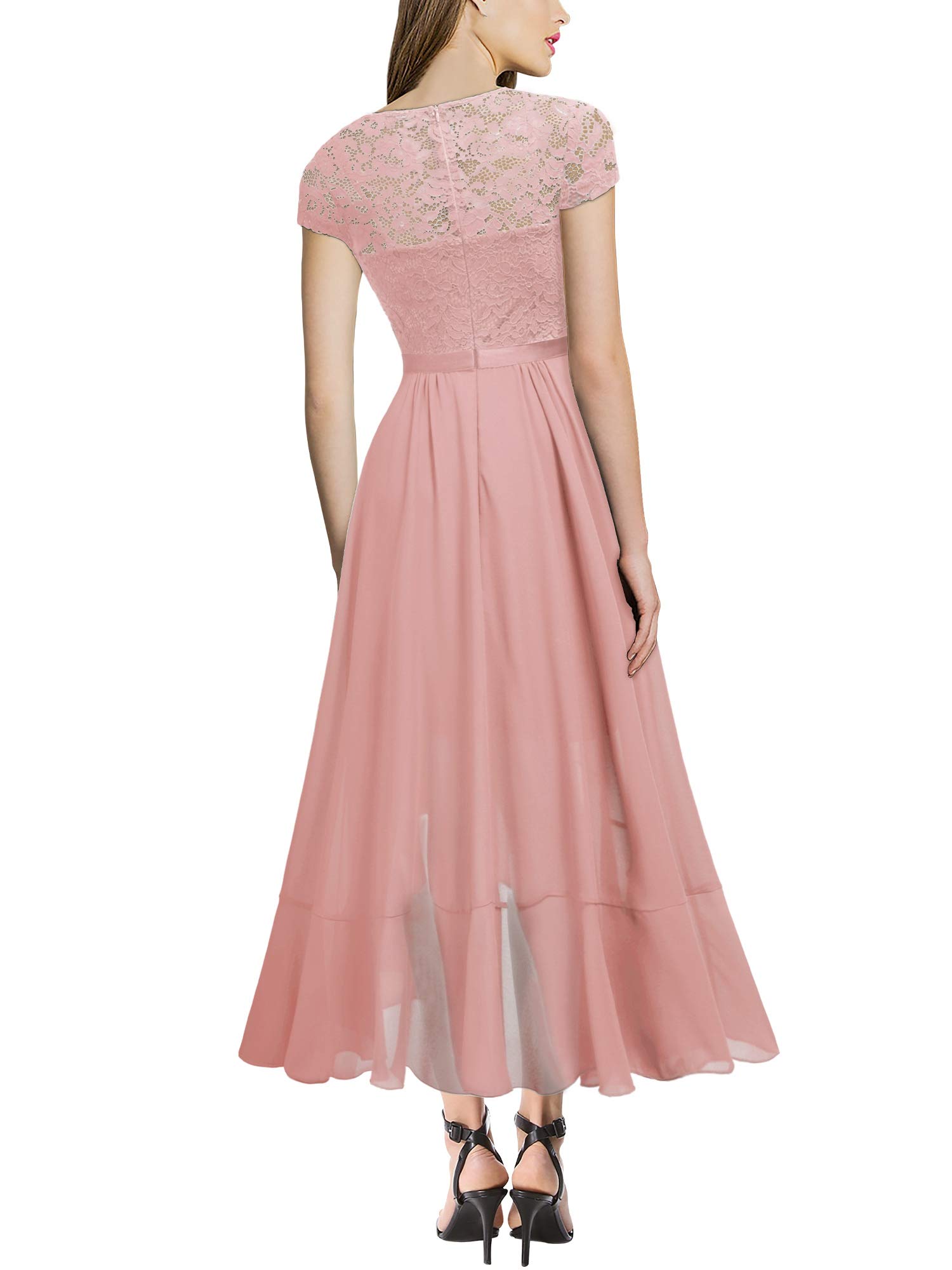 Miusol Women's V Neck Elegant Lace Ruffle Bridesmaid Maxi Dress (Large, Pink)