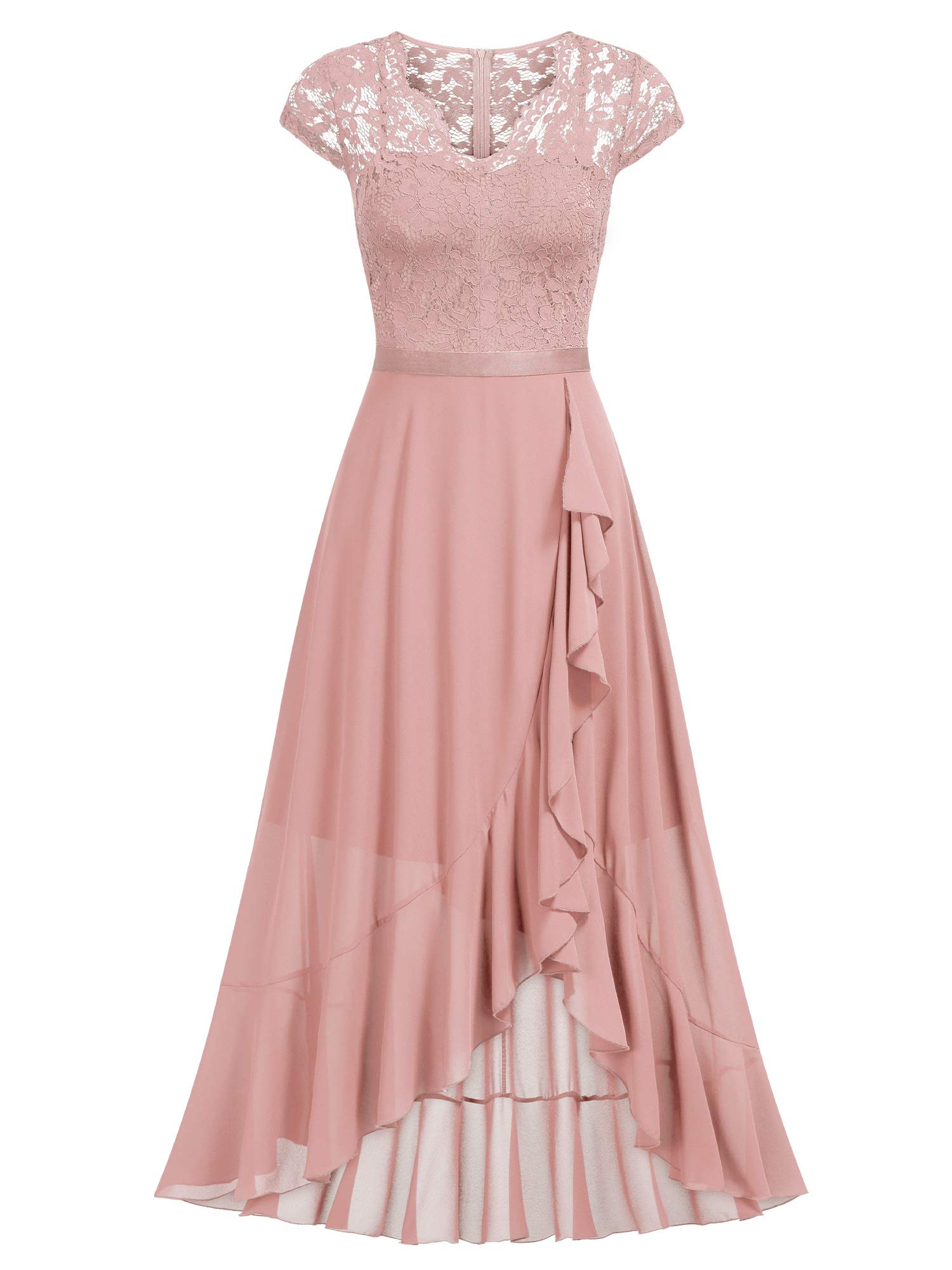 Miusol Women's V Neck Elegant Lace Ruffle Bridesmaid Maxi Dress (Large, Pink)