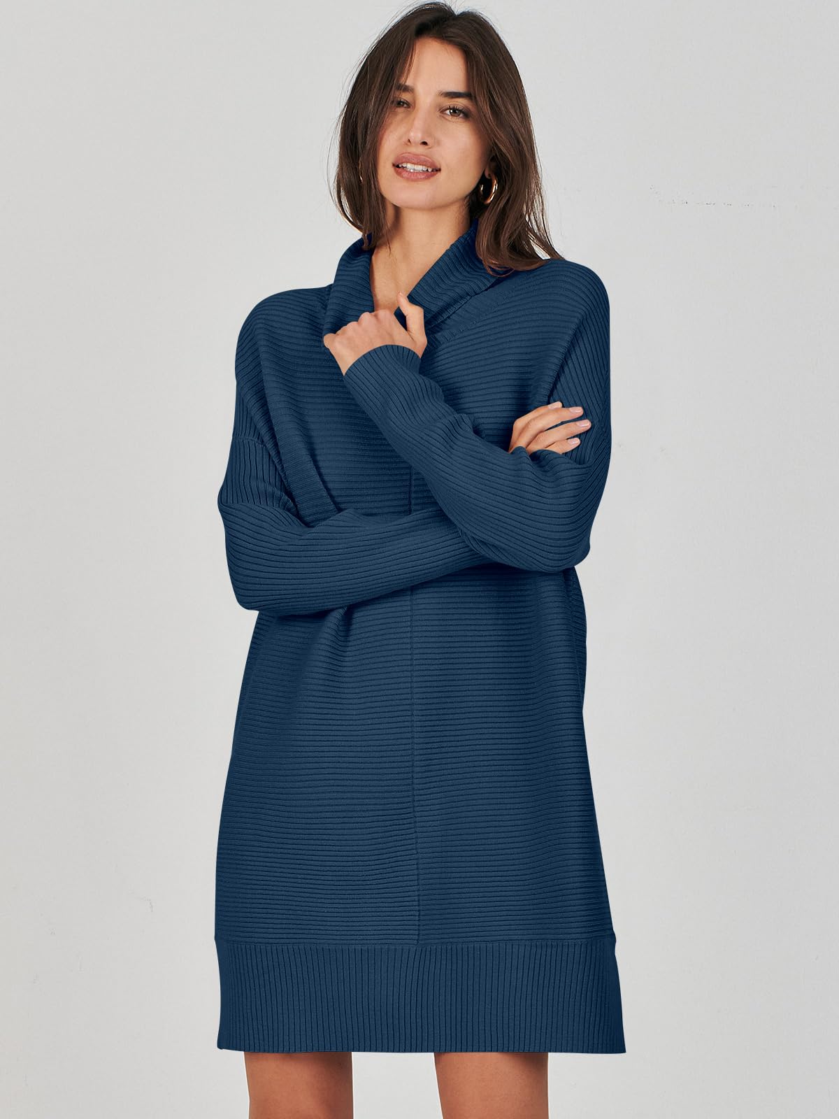 ANRABESS Women's Oversized Turtleneck Sweater Dress Pullover Batwing Sleeve Split Hem Tunics Fall Casual Short Dresses Dark Blue