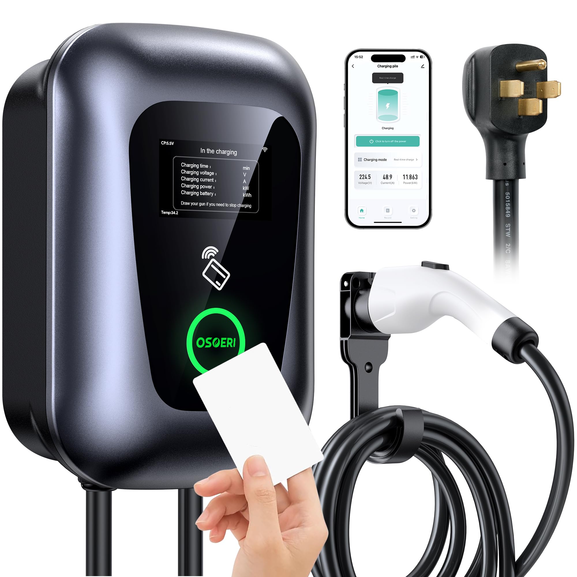 Osoeri EV Charger, Level 2 Smart Electric Vehicle(EV) Charger 48A 240V 11.5KW, NEMA 4 Rating 14-50P, ETL FCC Listed Indoor/Outdoor EVSE J1772 Car Charging Station with APP RFID Cards, 24ft Cable