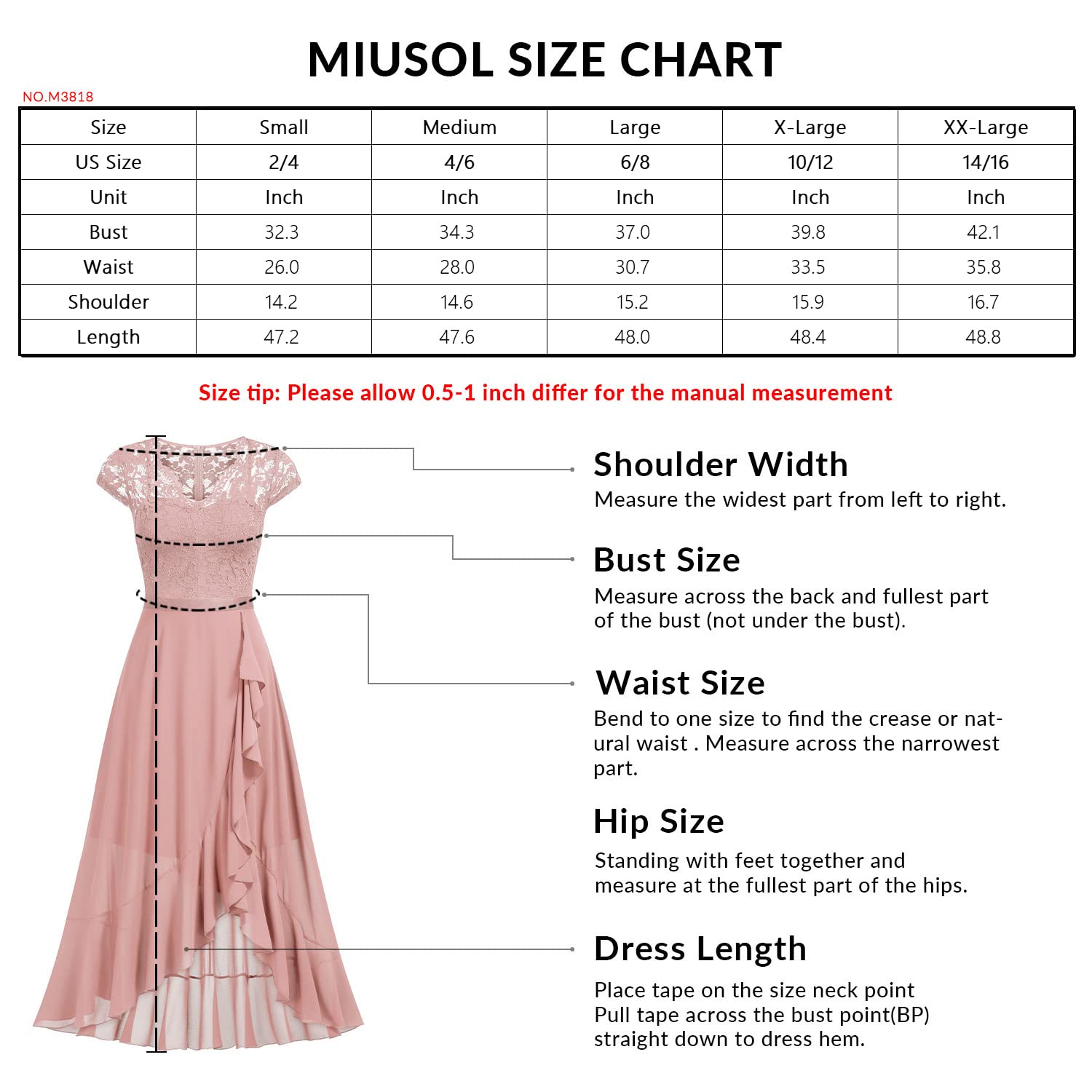 Miusol Women's V Neck Elegant Lace Ruffle Bridesmaid Maxi Dress (Large, Pink)