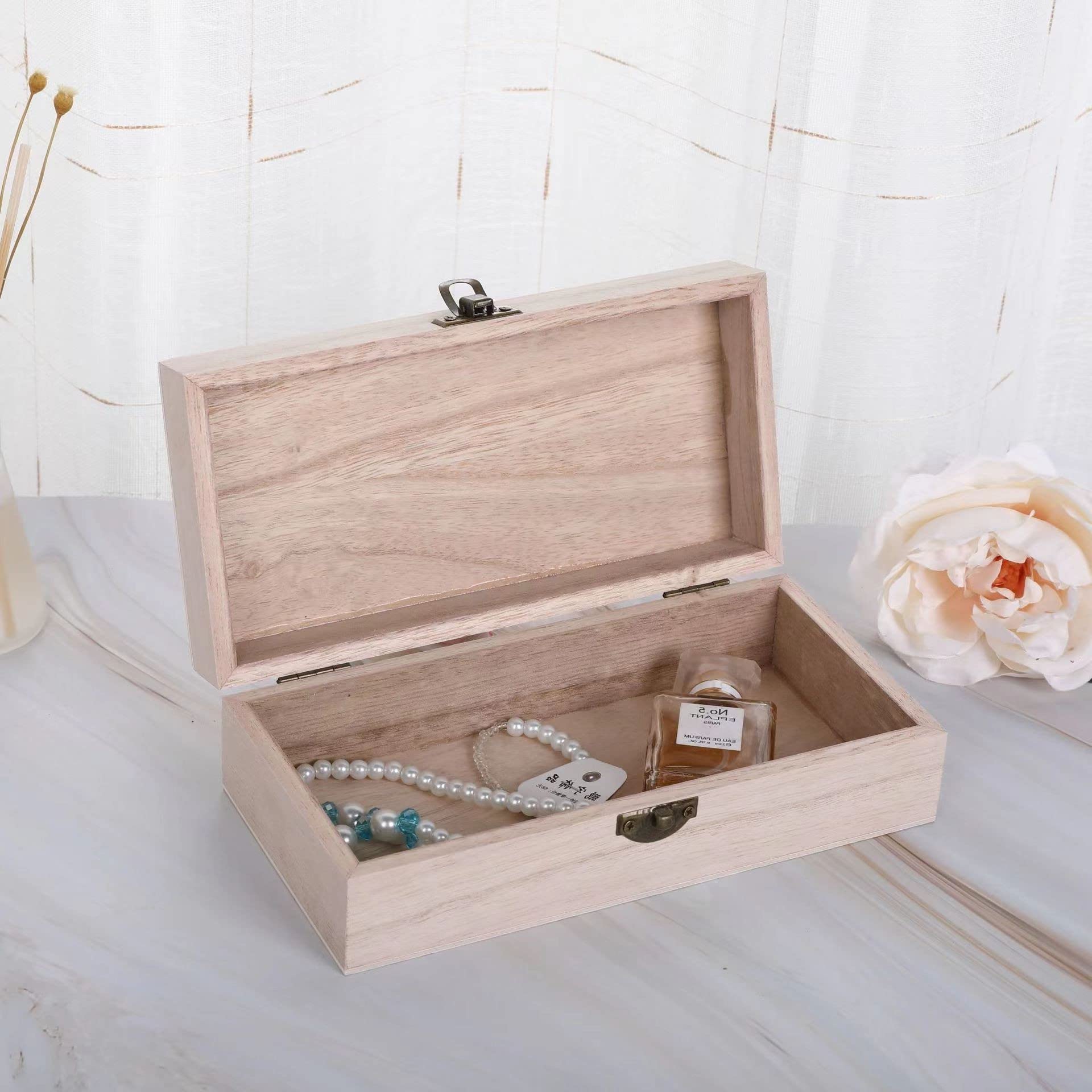 NA Unfinished wooden box, 8x4x2.3 inch storage box with hinge lid, small wooden box with rectangular souvenir and craft, craft DIY gift box, Wood color (002)