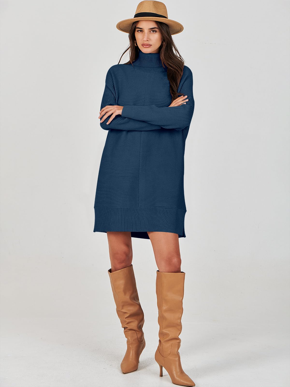 ANRABESS Women's Oversized Turtleneck Sweater Dress Pullover Batwing Sleeve Split Hem Tunics Fall Casual Short Dresses Dark Blue