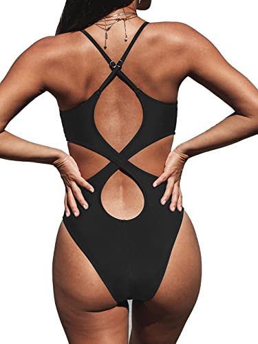 CUPSHE Women's One Piece Swimsuit Ruffle Deep V Neck Strappy Swimwear Bathing Suits Camel,M