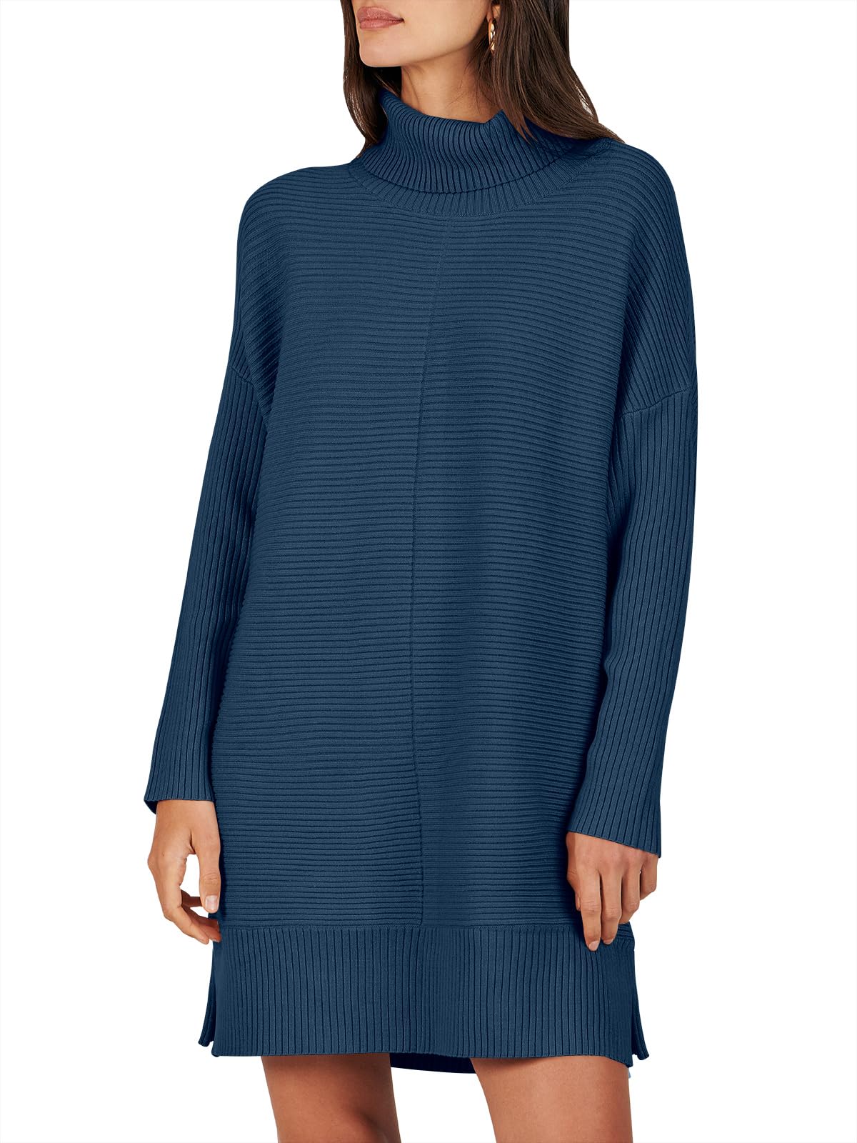 ANRABESS Women's Oversized Turtleneck Sweater Dress Pullover Batwing Sleeve Split Hem Tunics Fall Casual Short Dresses Dark Blue