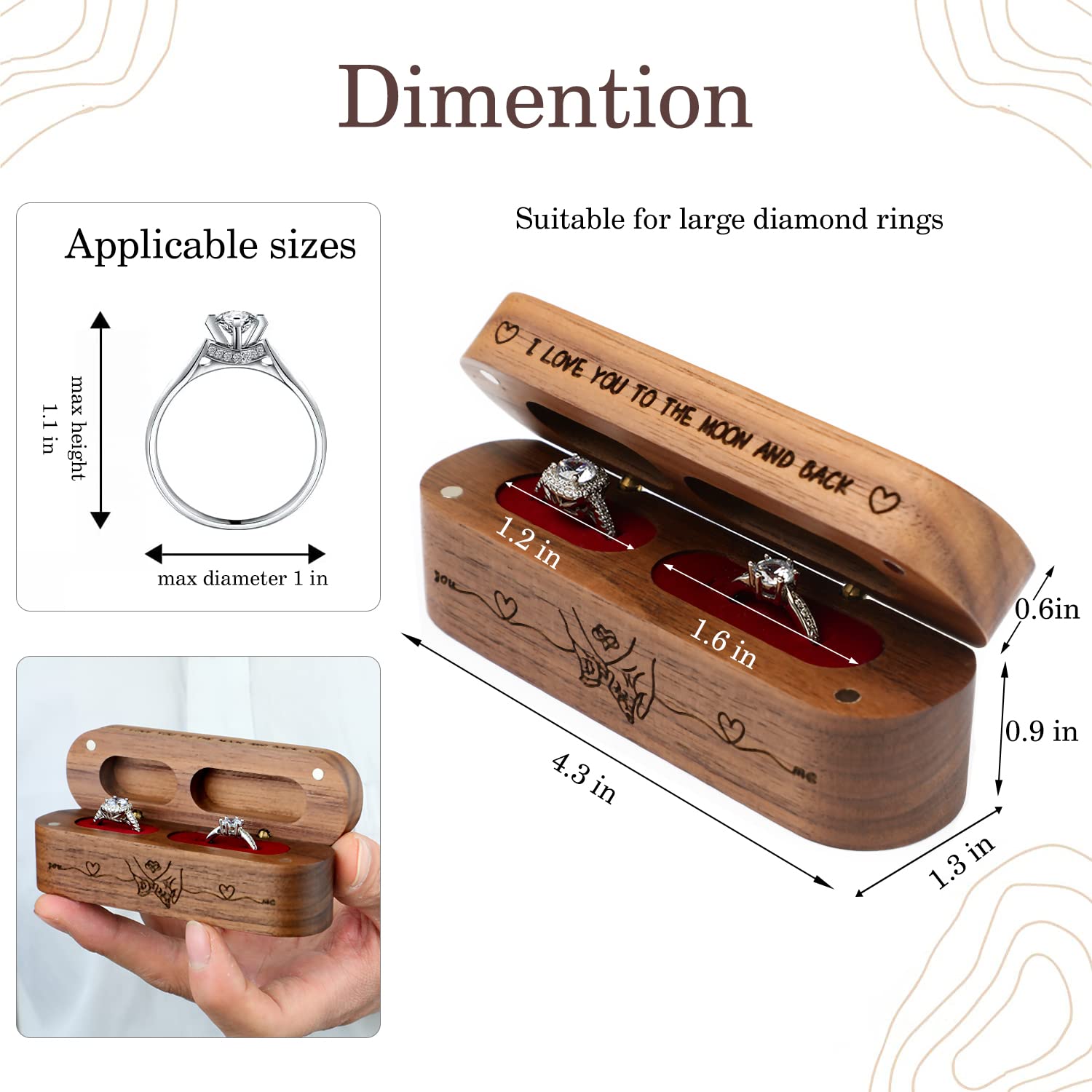 Yhwocd ring box for proposal & engagement ring box & ring box for wedding ceremony,ring bearer box for 2 slots, wooden ring box,Rectangular wedding ring pillow(RED