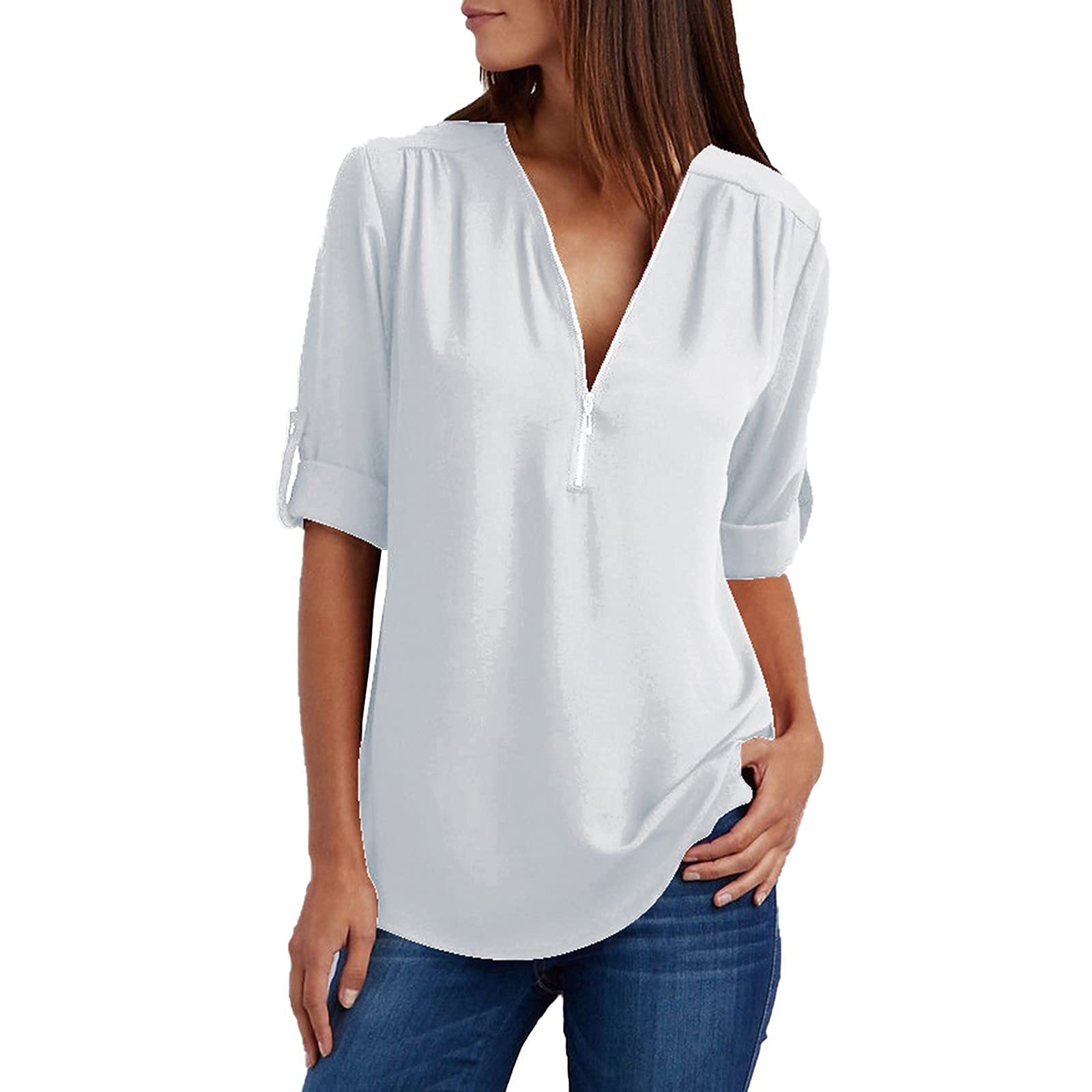 Crochet Tops for Women Summer Business Casual Tops Half Sleeve Zipper v Neck Tunic Shirts Solid Work Office t-Shirt Blouse