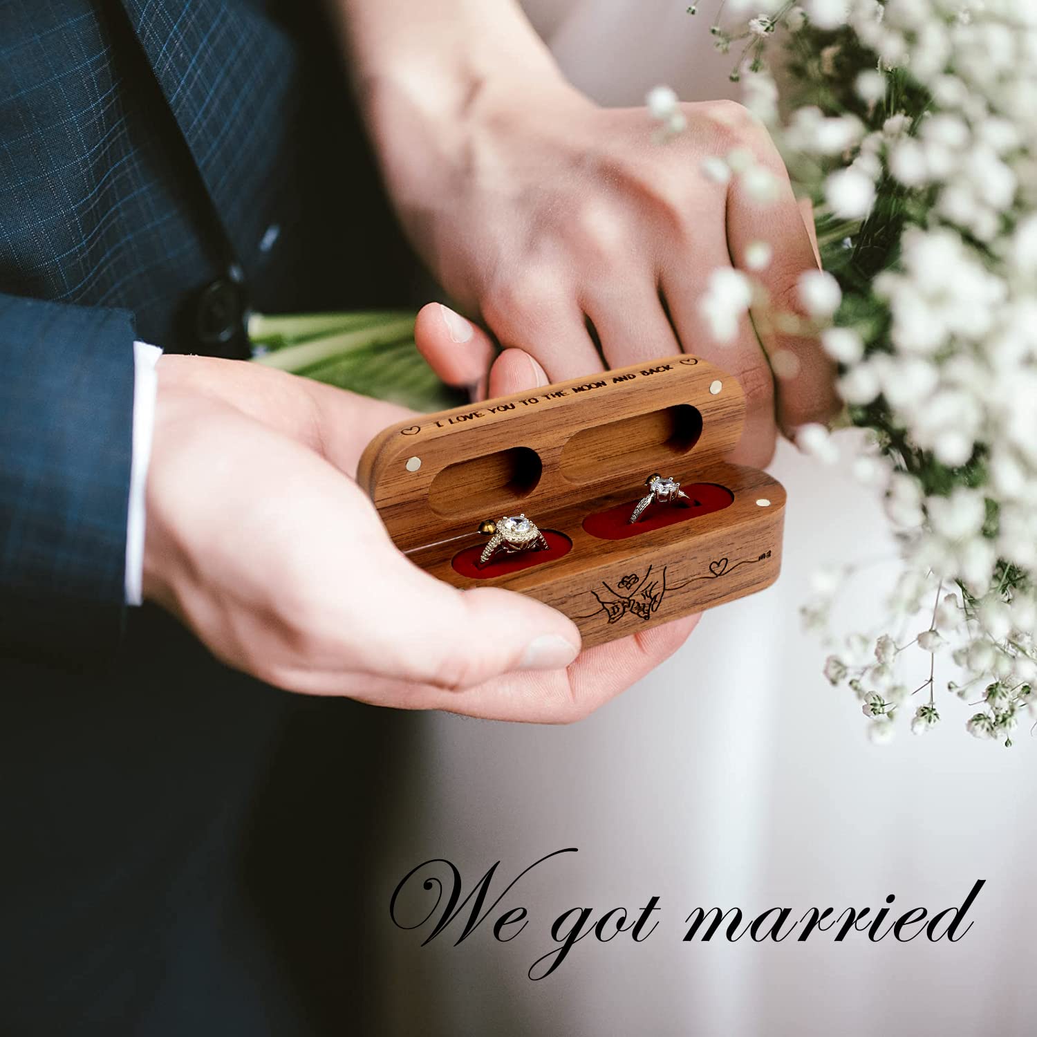 Yhwocd ring box for proposal & engagement ring box & ring box for wedding ceremony,ring bearer box for 2 slots, wooden ring box,Rectangular wedding ring pillow(RED