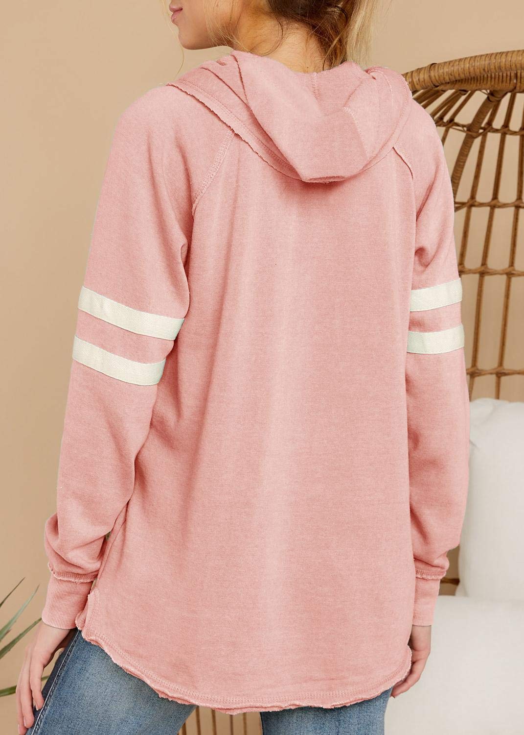 Womens V Neck Hoodies with Pockets Long Sleeve Striped Pullover Tops Sweatshirt Pink