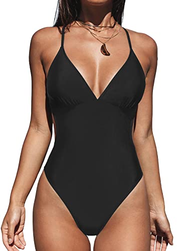 CUPSHE Women's One Piece Swimsuit Ruffle Deep V Neck Strappy Swimwear Bathing Suits Camel,M