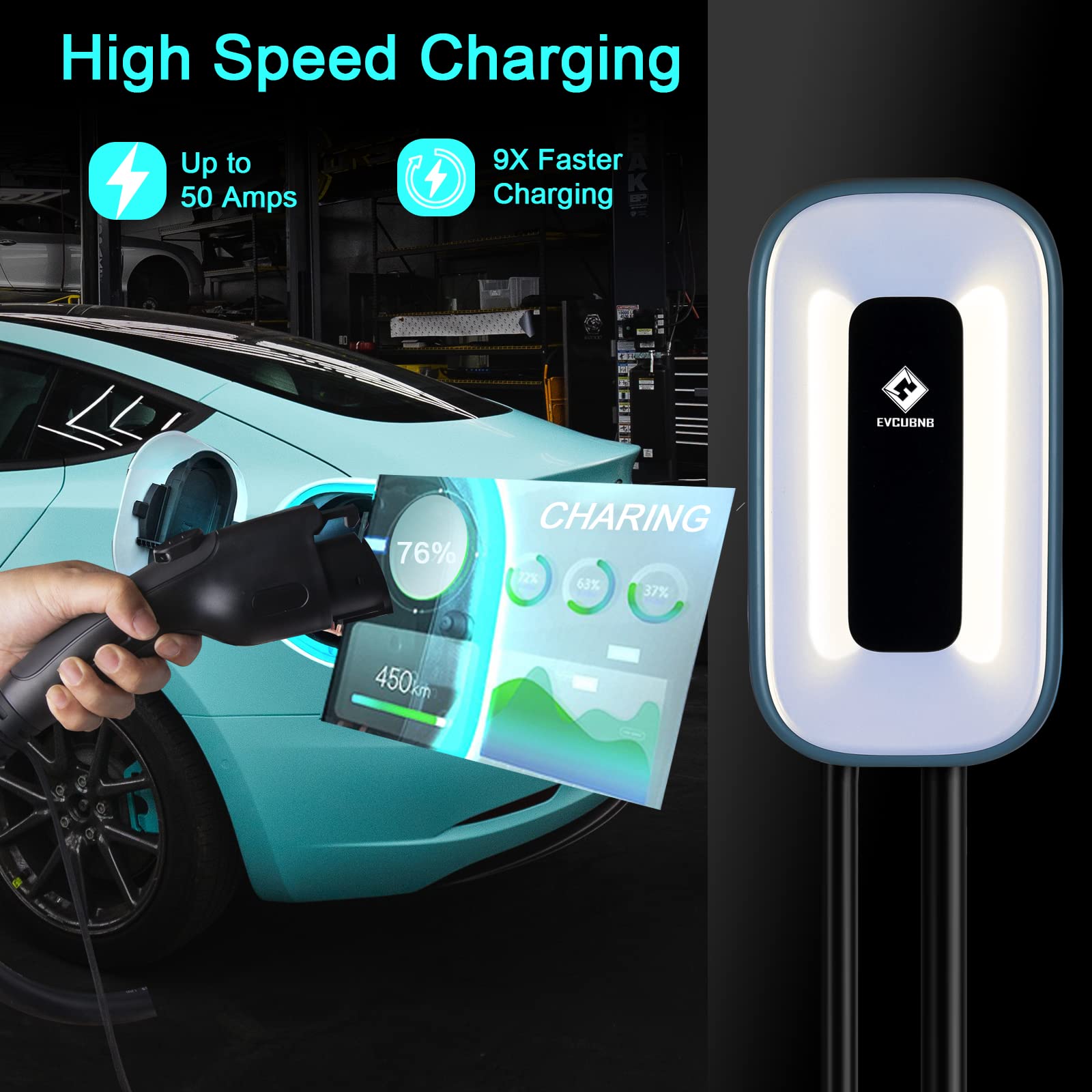 EVCUBNB EV Charger Level 2, Ultra Compact, Up to 50 Amp Charging Station for Home, 240V EVSE, Indoor/Outdoor, 23Ft Cable Level 2 EV Charger, Direct Charging,NEMA 14-50 Plug(4-Prong) or Hardwired