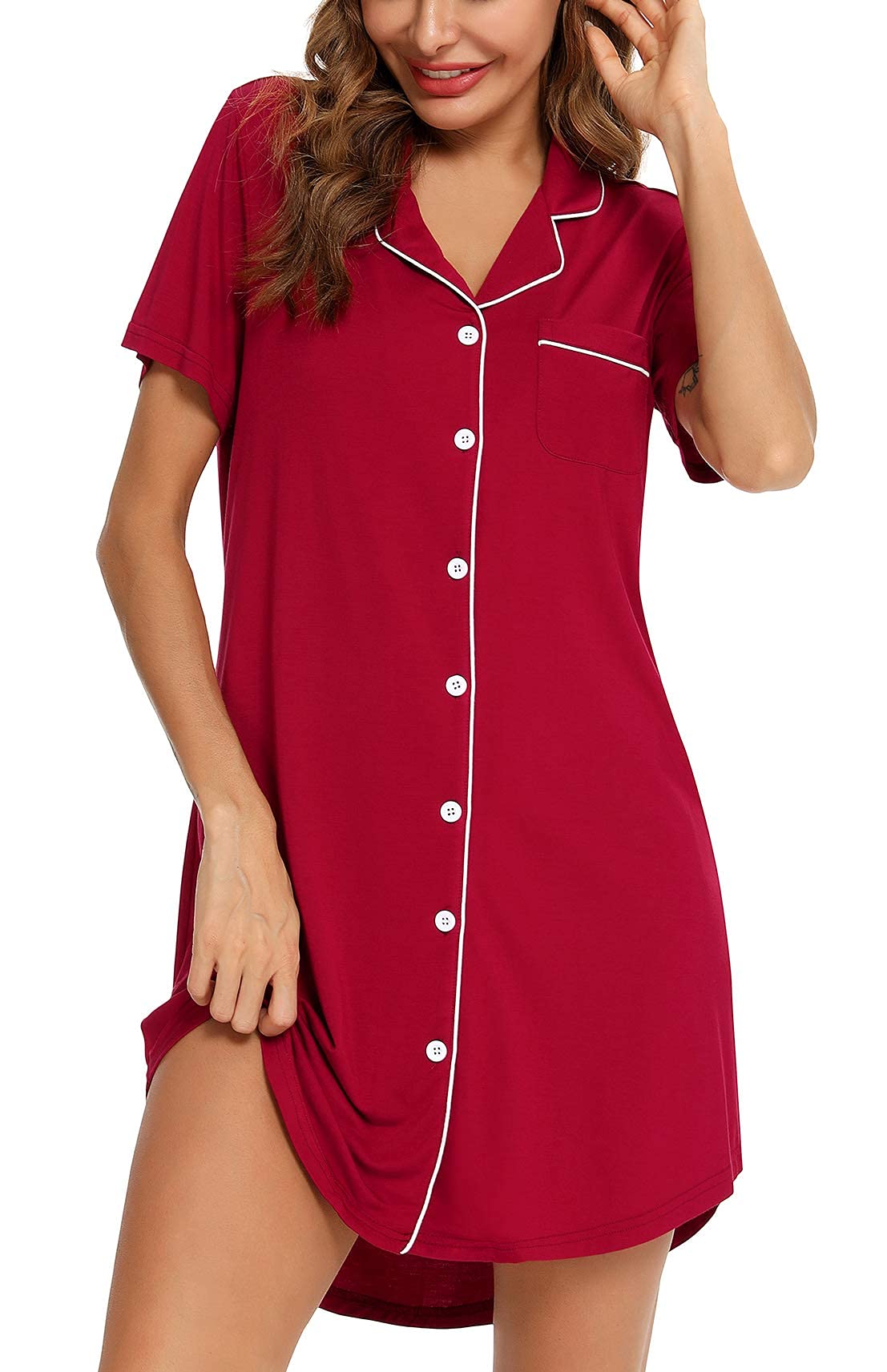 Samring Womens Nightshirt V Neck Boyfriend Sleepwear Shirts Loose Sleeve Button Sleep Tee Red S