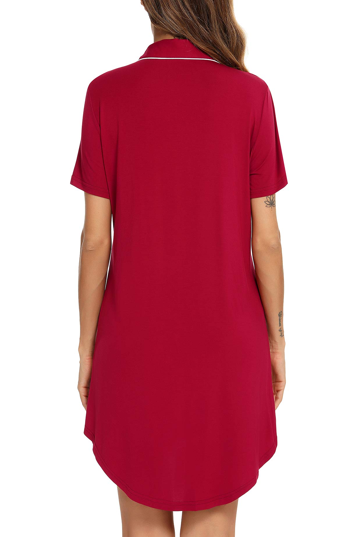 Samring Womens Nightshirt V Neck Boyfriend Sleepwear Shirts Loose Sleeve Button Sleep Tee Red S