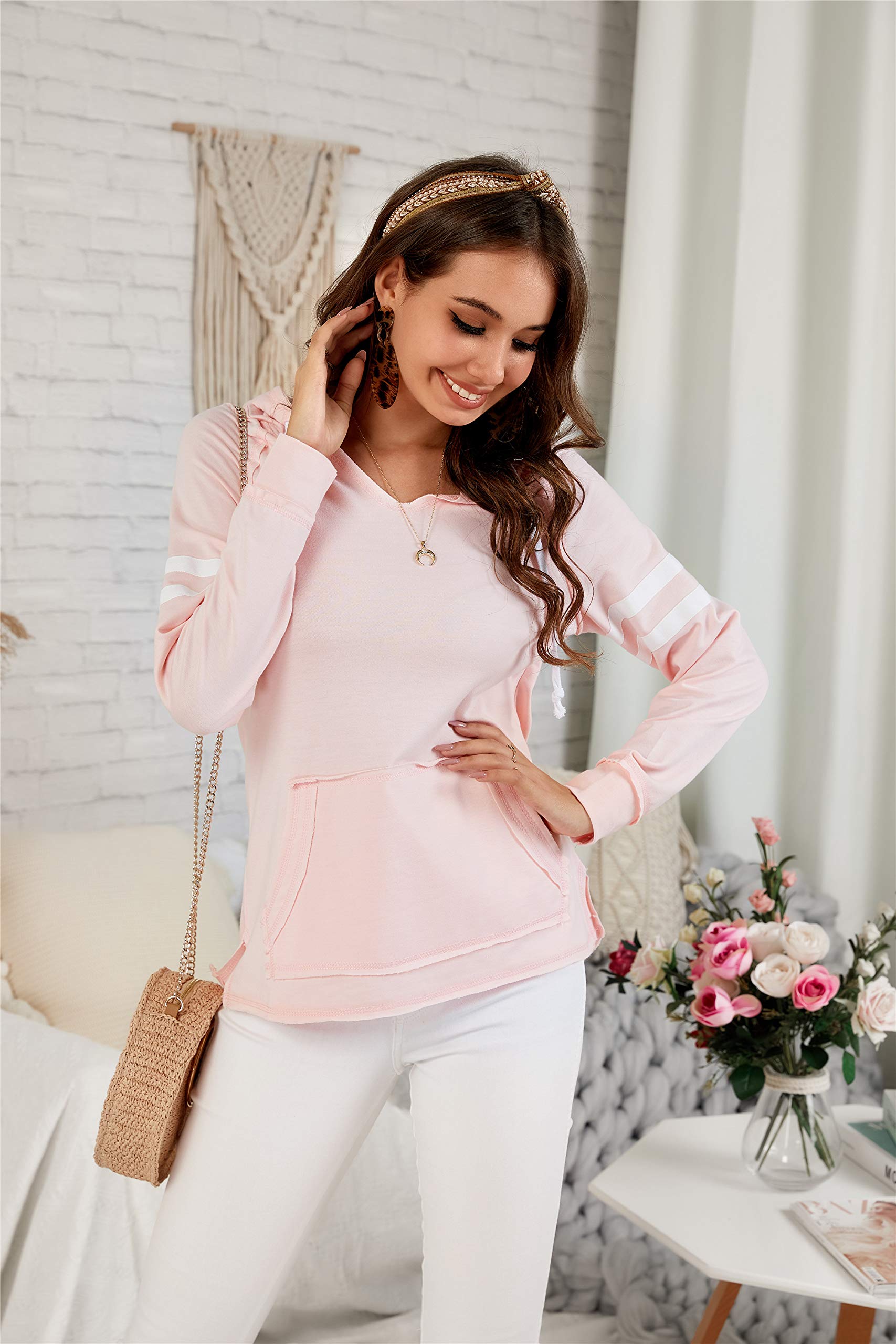 Womens V Neck Hoodies with Pockets Long Sleeve Striped Pullover Tops Sweatshirt Pink