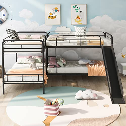 Merax Metal L-Shaped Bunk Bed with Slide and Ladder