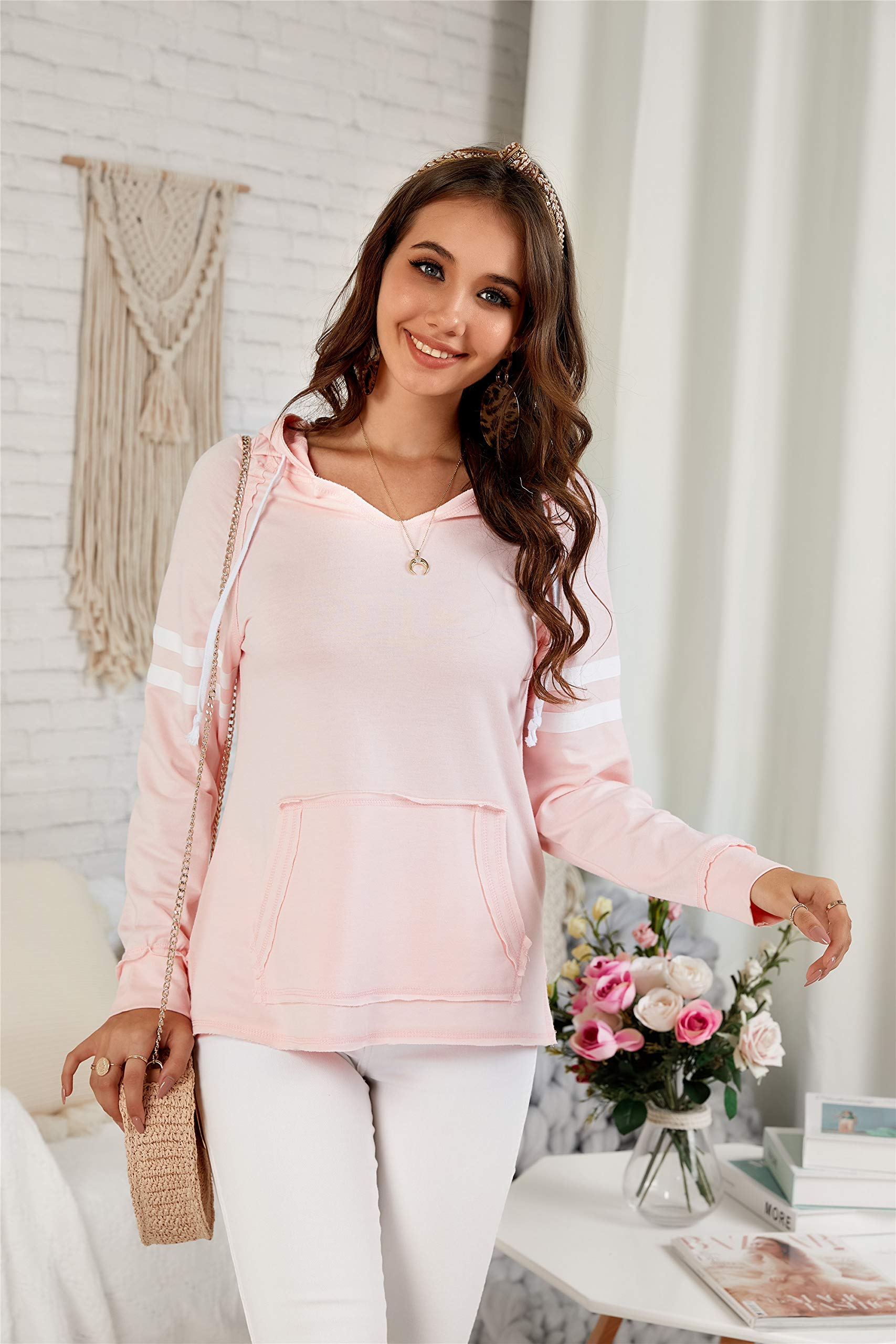 Womens V Neck Hoodies with Pockets Long Sleeve Striped Pullover Tops Sweatshirt Pink
