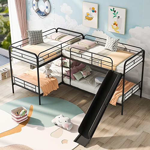 Merax Metal L-Shaped Bunk Bed with Slide and Ladder