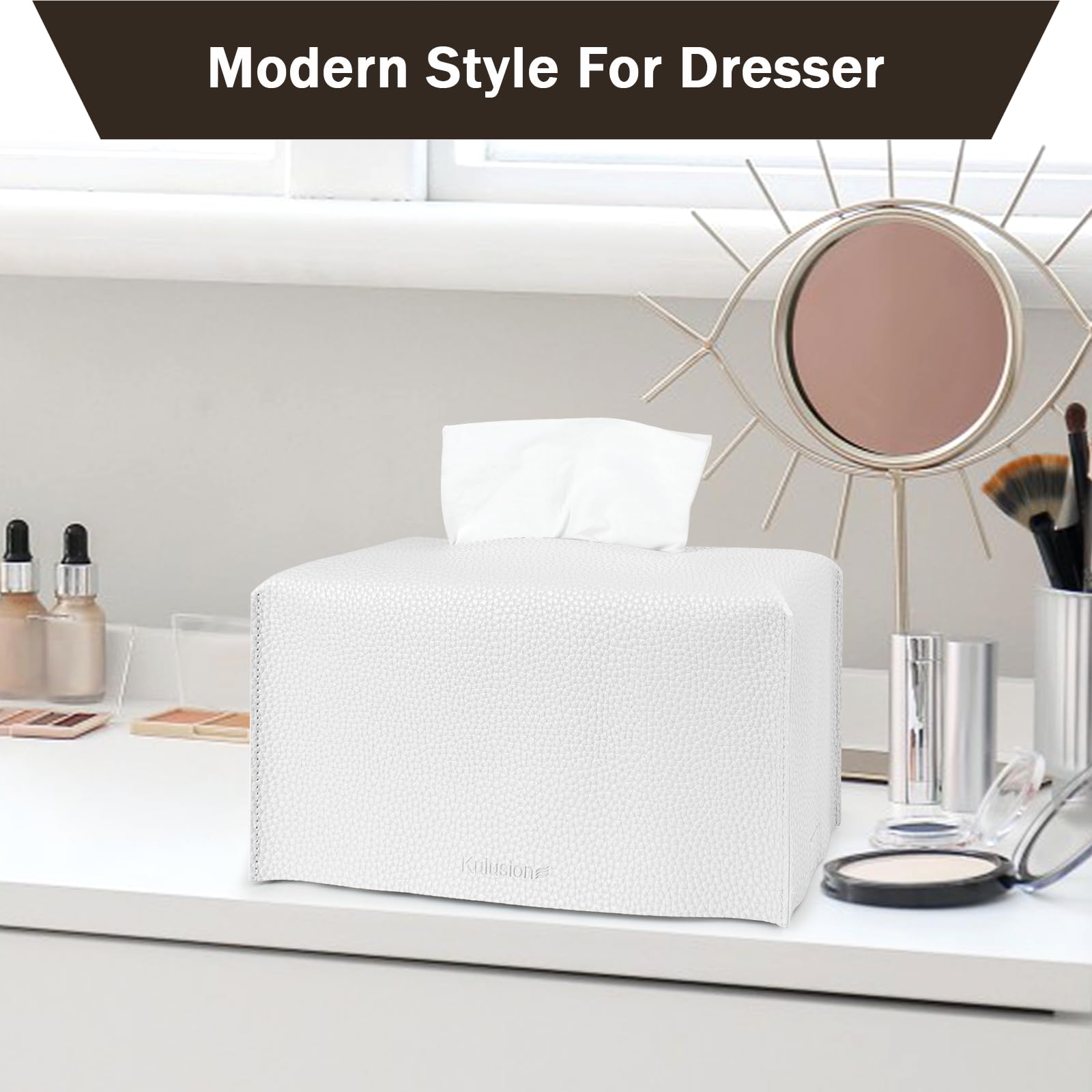 2Pcs Tissue Box Cover Holder, Rectangular with Bottom Belt - PU Leather Tissue Cover Decorative Organizer for Tabletop, Bathroom, Car, Office,9.5X5X5 Inch - White
