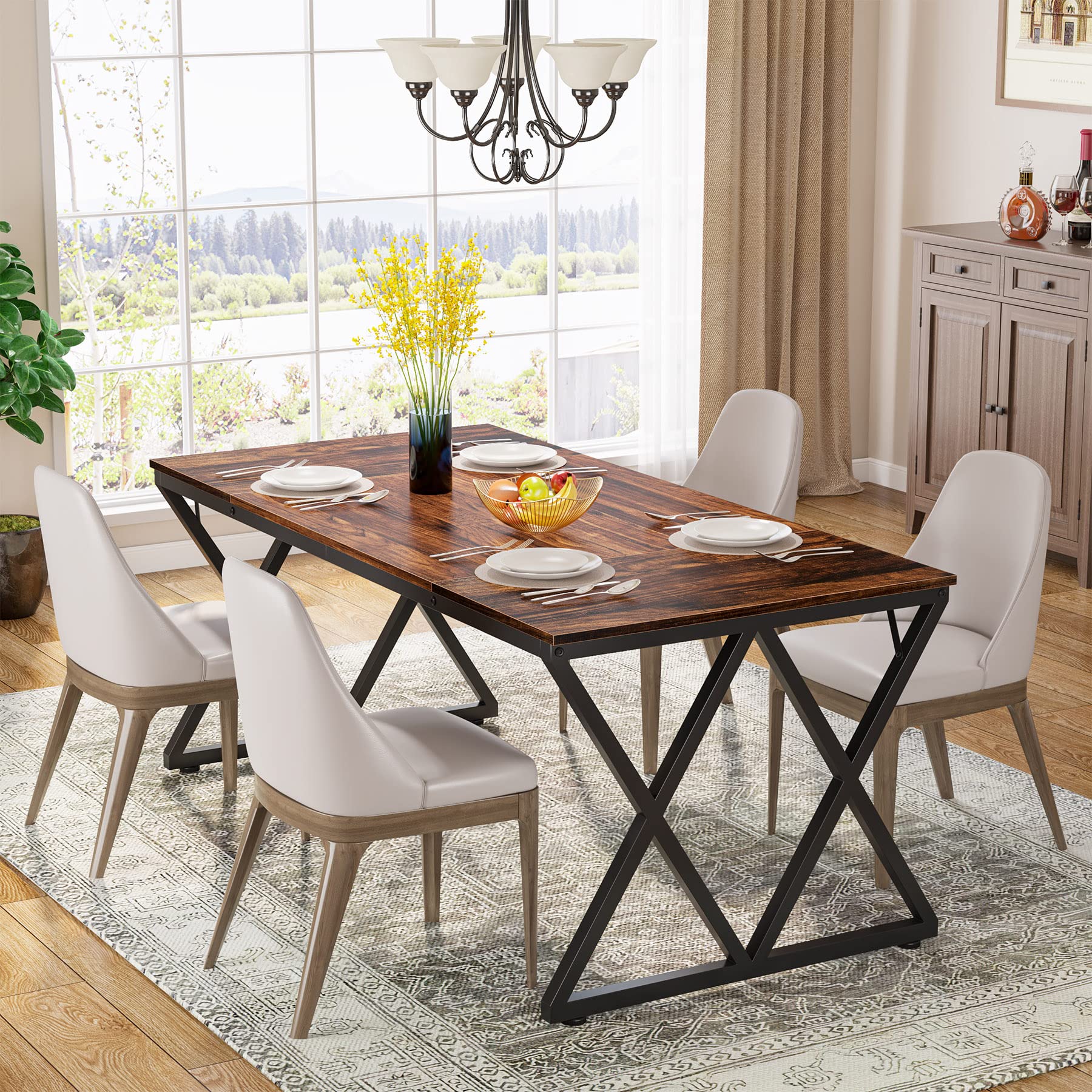 Tribesigns Dining Table for 6, Industrial 70.87 Inch Dining Room Table with Heavy Duty Metal Frame, Wooden Rectangle Kitchen Table for Dining Room, Kitchen, Home Furniture, Rustic Brown