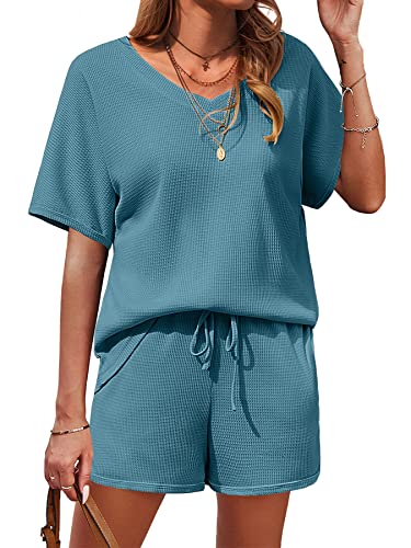 Ekouaer Womens Pajamas Set Shorts Waffle Knit Pjs Soft Loungewear Cozy Sleepwear Cotton Lounge Wear 2 Piece Matching Set Peacock Blue XXL