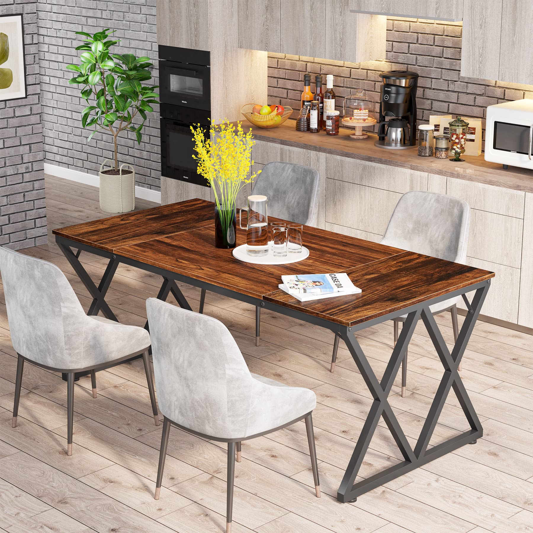 Tribesigns Dining Table for 6, Industrial 70.87 Inch Dining Room Table with Heavy Duty Metal Frame, Wooden Rectangle Kitchen Table for Dining Room, Kitchen, Home Furniture, Rustic Brown