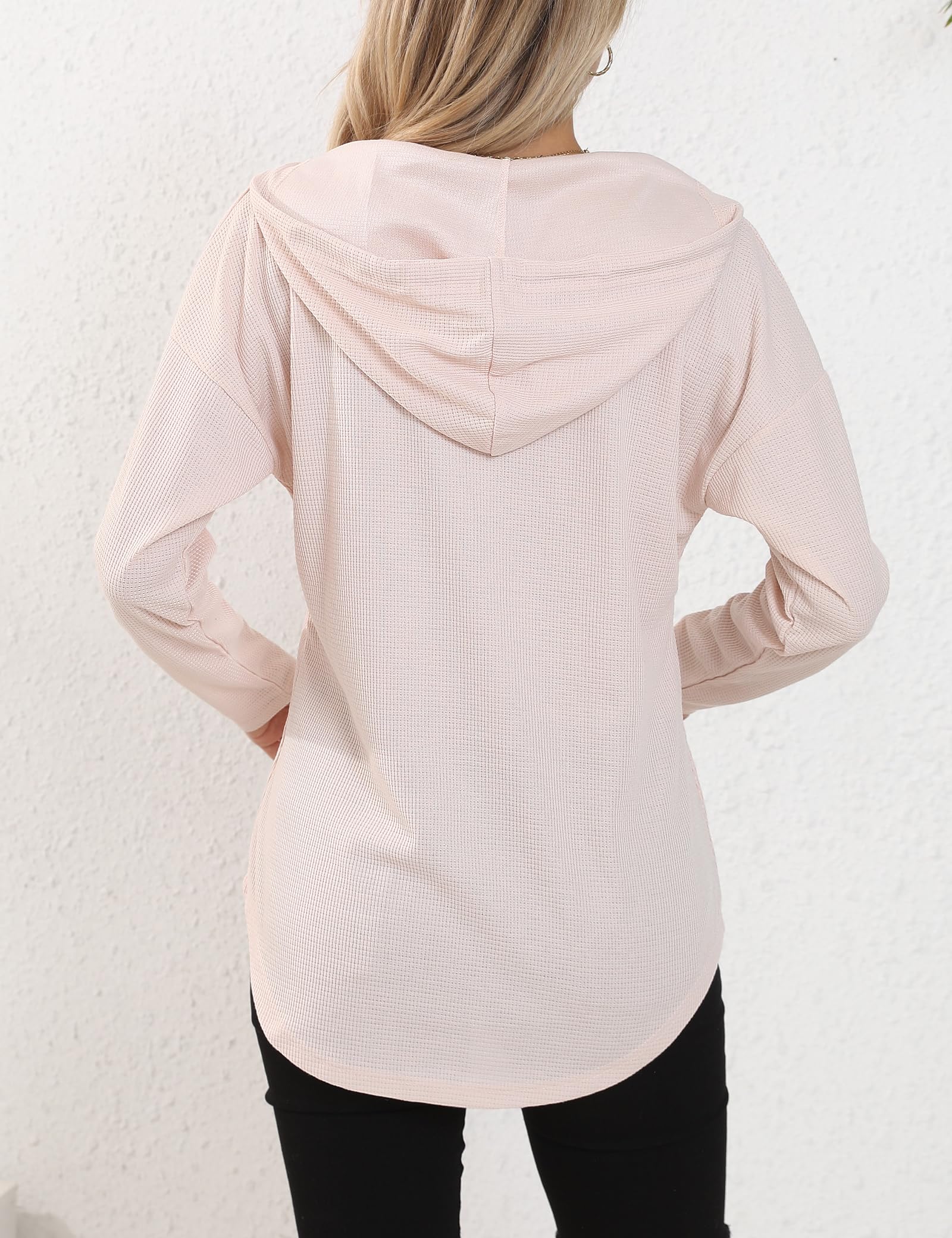morhuduck Women's V Neck Hoodies Long Sleeve Sweatshirt Drawstring Pullover Tops with Pocket (Apricot M)