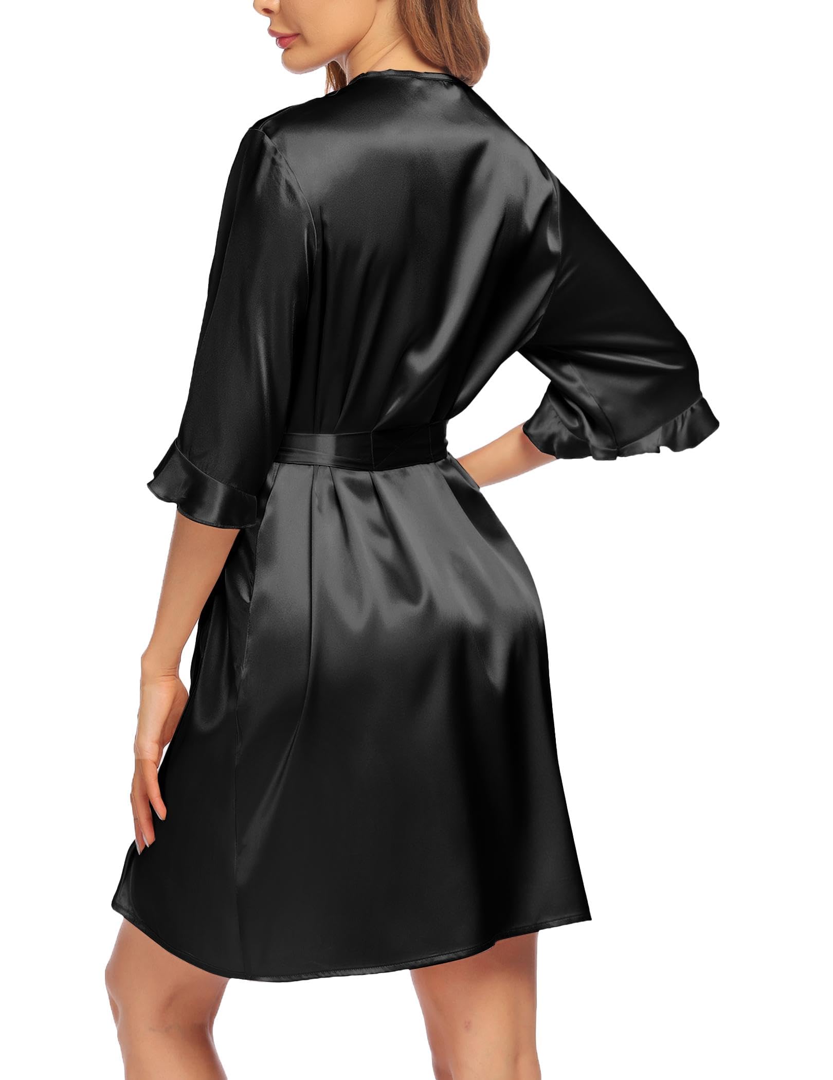 Ekouaer Women's Satin Robe Valentines Lingerie for Women Kimono Bathrobe 3/4 Sleeve Ruffle Belted Robes Bridesmaids