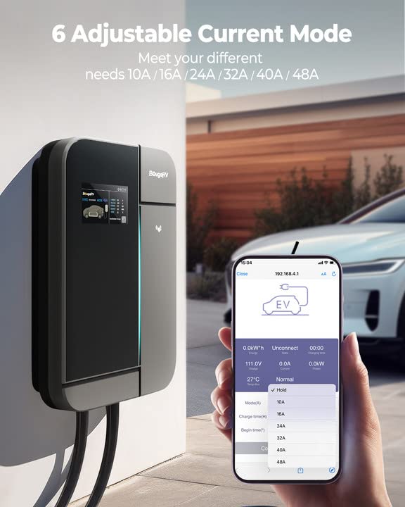 BougeRV 48 Amp Level 2 EV Charger for Home, 240V, NEMA 14-50 Plug, 25 Ft, 48A/40A/32A/24A/16A/10A Adjustable Current, Electric Car Charging Station, Waterproof Indoor/Outdoor Use