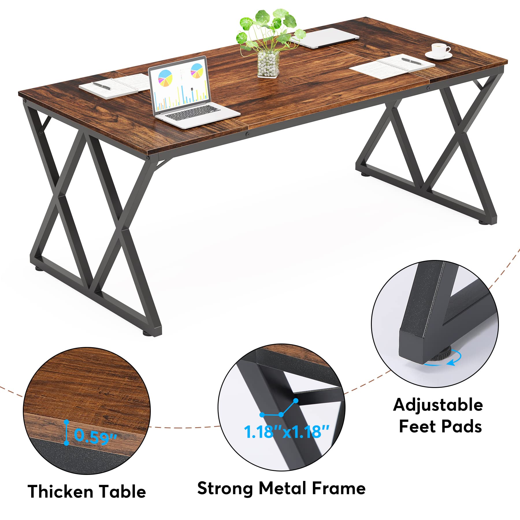 Tribesigns Dining Table for 6, Industrial 70.87 Inch Dining Room Table with Heavy Duty Metal Frame, Wooden Rectangle Kitchen Table for Dining Room, Kitchen, Home Furniture, Rustic Brown