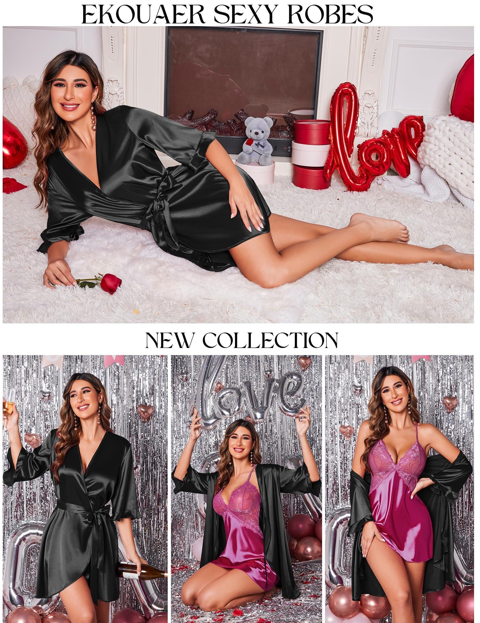 Ekouaer Women's Satin Robe Valentines Lingerie for Women Kimono Bathrobe 3/4 Sleeve Ruffle Belted Robes Bridesmaids