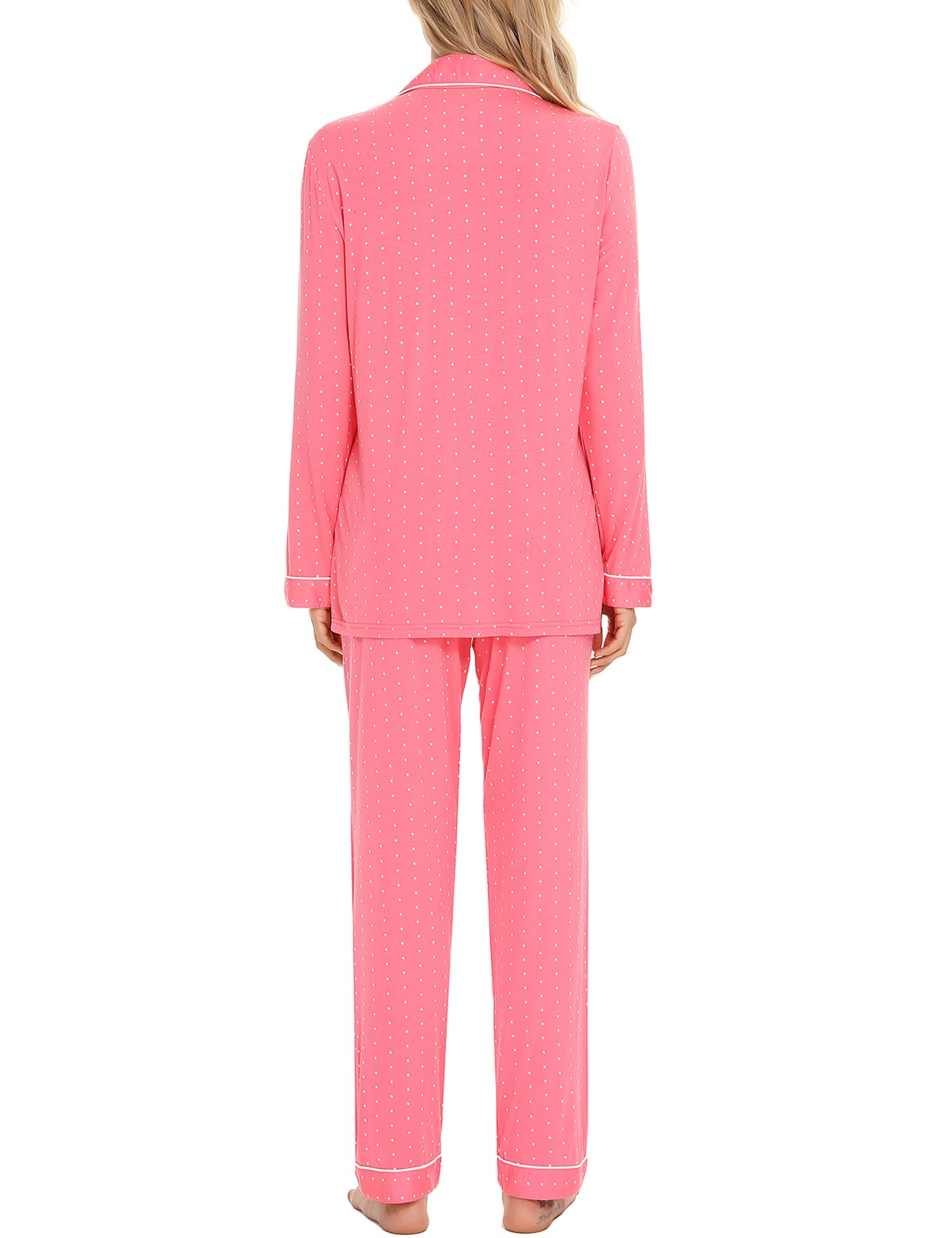 Womens Pajamas Long Sets V-Neck Long Sleeve Long Sleepwear Pj Sets Coral With Dots Small