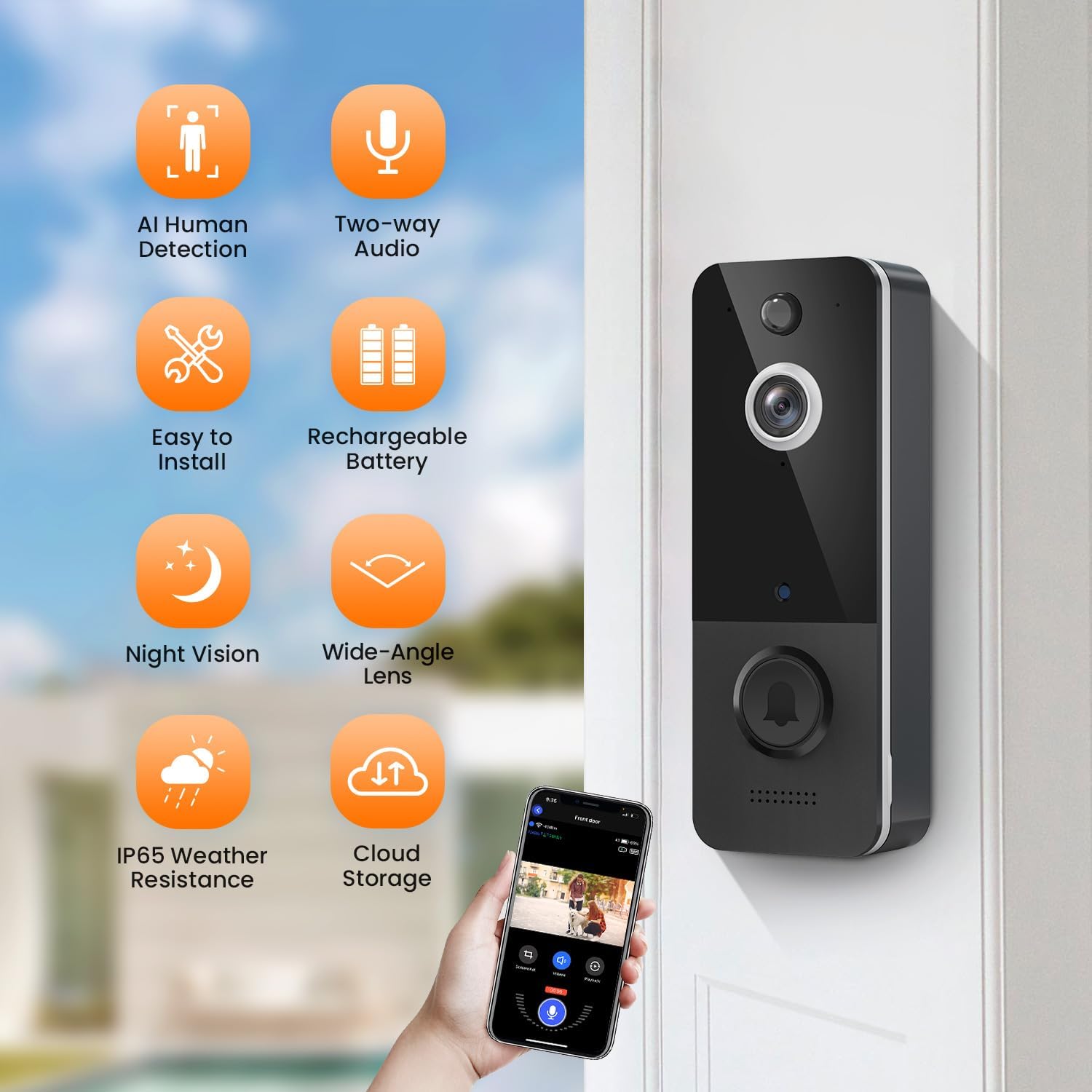 Biglory Video Doorbell Camera Wireless with Chime, AI Human Detection, 2-Way Audio, Live View, 2.4G WiFi, Night Vision, Cloud Storage, Battery Powered, Indoor Outdoor Surveillance