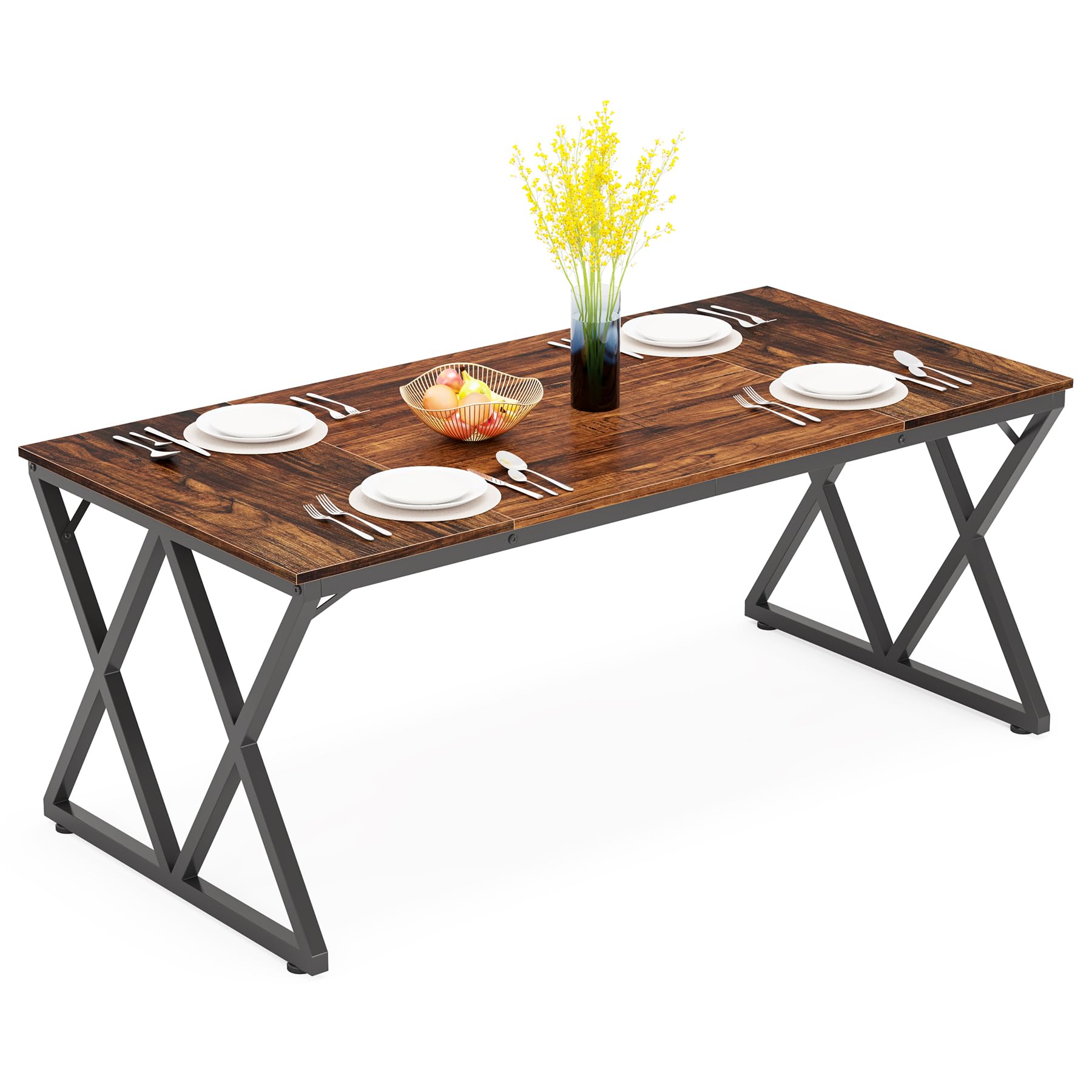 Tribesigns Dining Table for 6, Industrial 70.87 Inch Dining Room Table with Heavy Duty Metal Frame, Wooden Rectangle Kitchen Table for Dining Room, Kitchen, Home Furniture, Rustic Brown