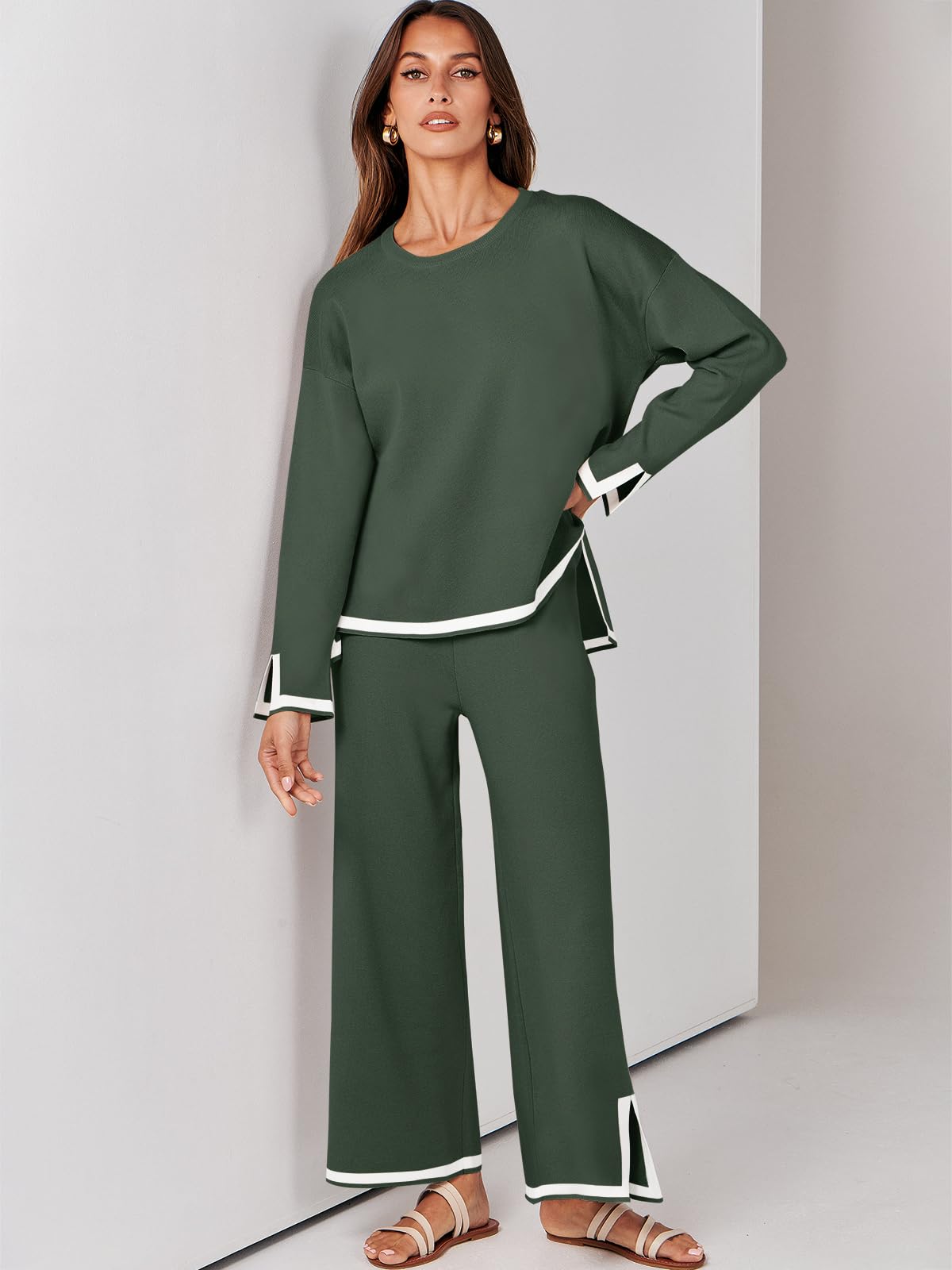 ANRABESS Women's Two Piece Outfits Long Sleeve Knit Pullover Sweater Tops & Wide leg Pants Casual Lounge Matching Sweatsuit Tracksuits Sets Army Green Large