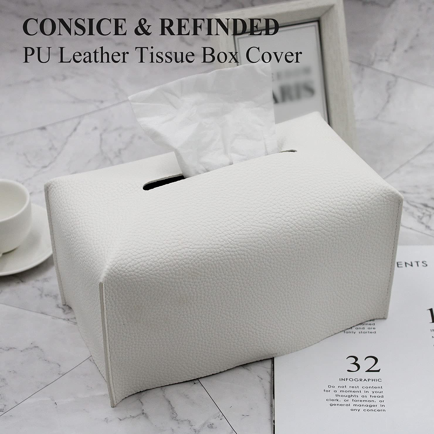 Livelab Tissue Box Cover, Modern Decorative PU Leather Rectangular Tissue Box Case Organizer Holder for Vanity Countertop, Night Stands, Livingroom, Office Desk & Car 9.5X5X5'' | Off White