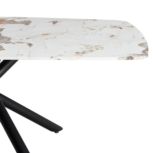 71" Modern Kitchen Rectangular Glass Dining Table, Imitation Marble Black Table top and Gold Metal Legs, Fiber Tempered Glass, Living Room Glass Table, Conference Room Glass Table (White + Black)