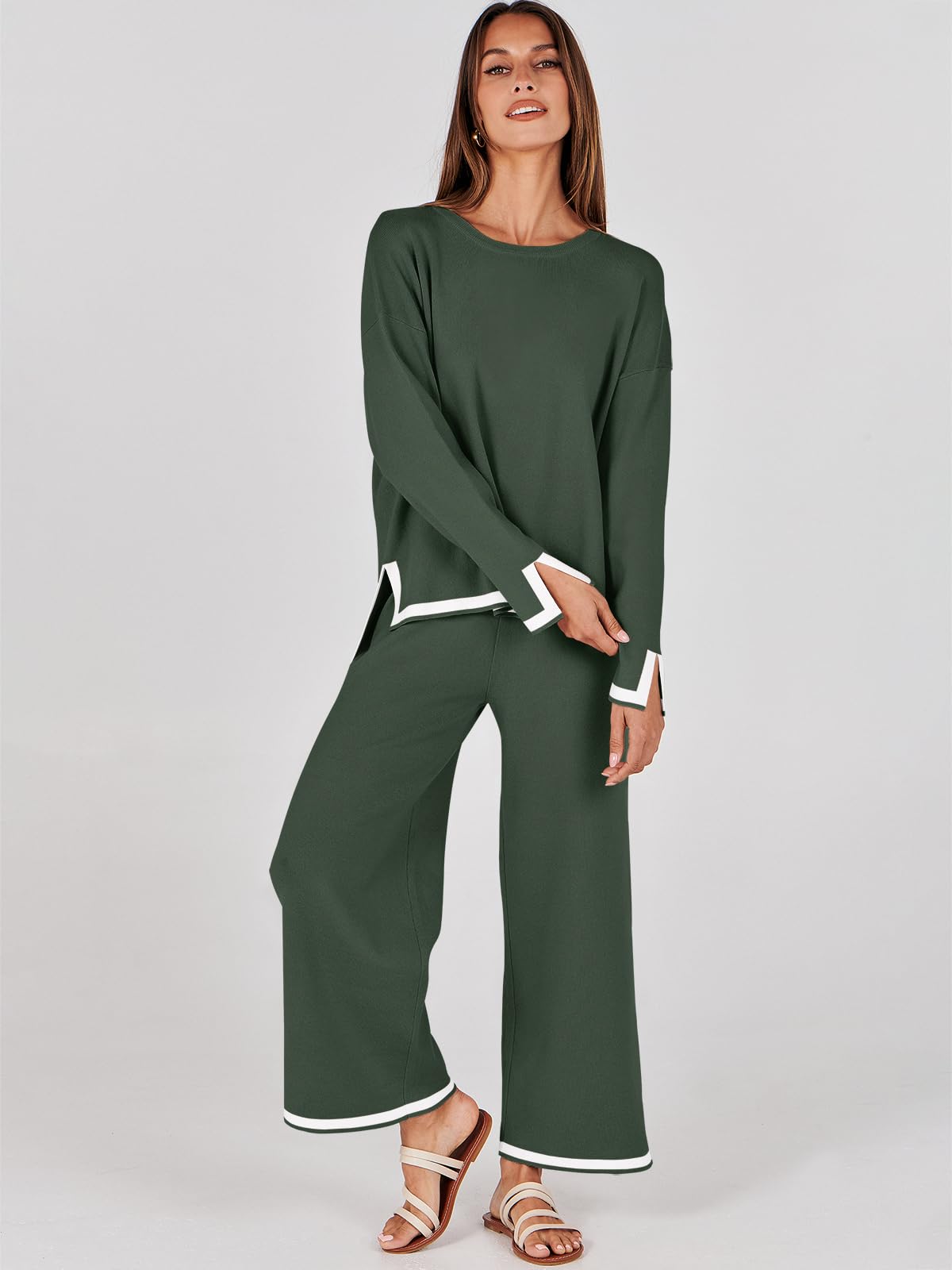 ANRABESS Women's Two Piece Outfits Long Sleeve Knit Pullover Sweater Tops & Wide leg Pants Casual Lounge Matching Sweatsuit Tracksuits Sets Army Green Large